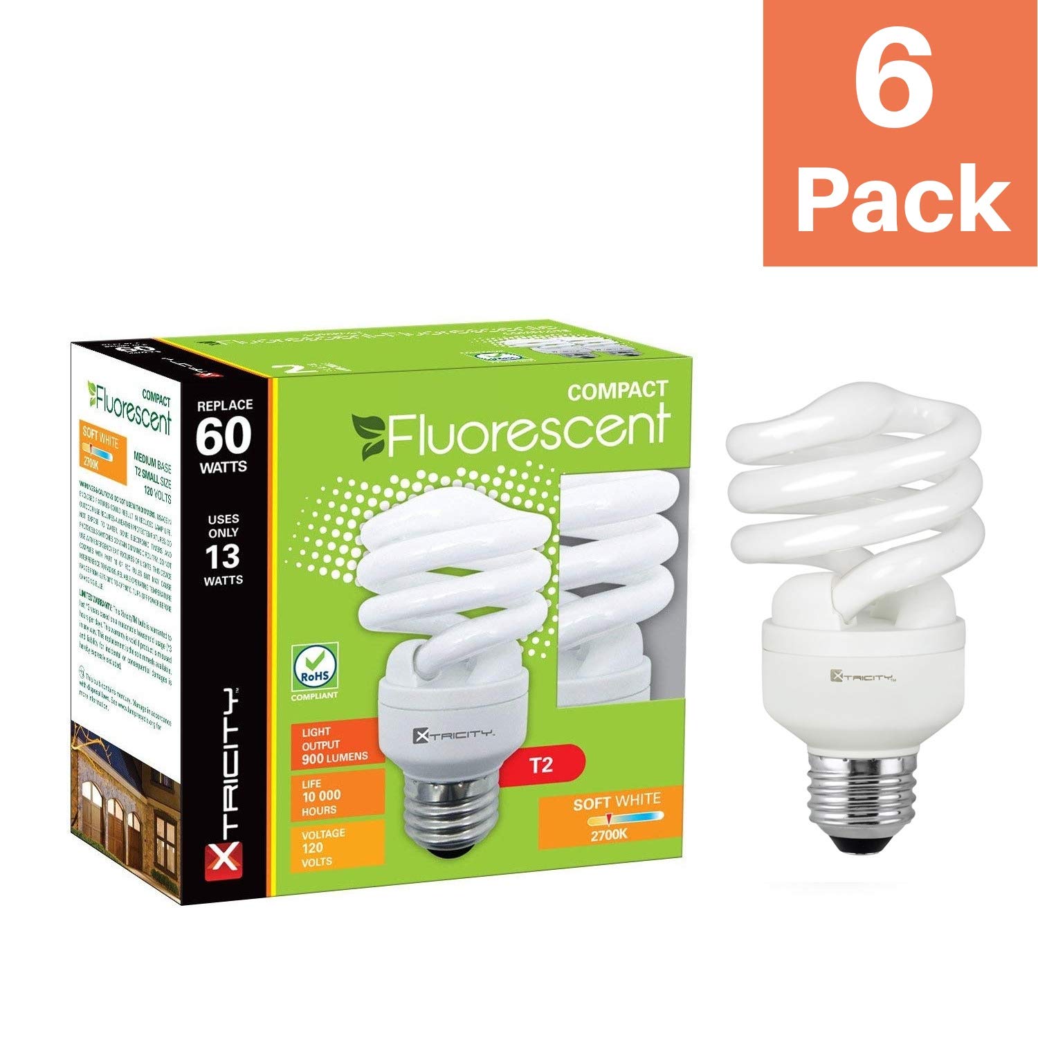 Compact Fluorescent Light Bulb T2 Spiral CFL UL Listed 60 Watt Equivalent 13W E26 Medium Base ...