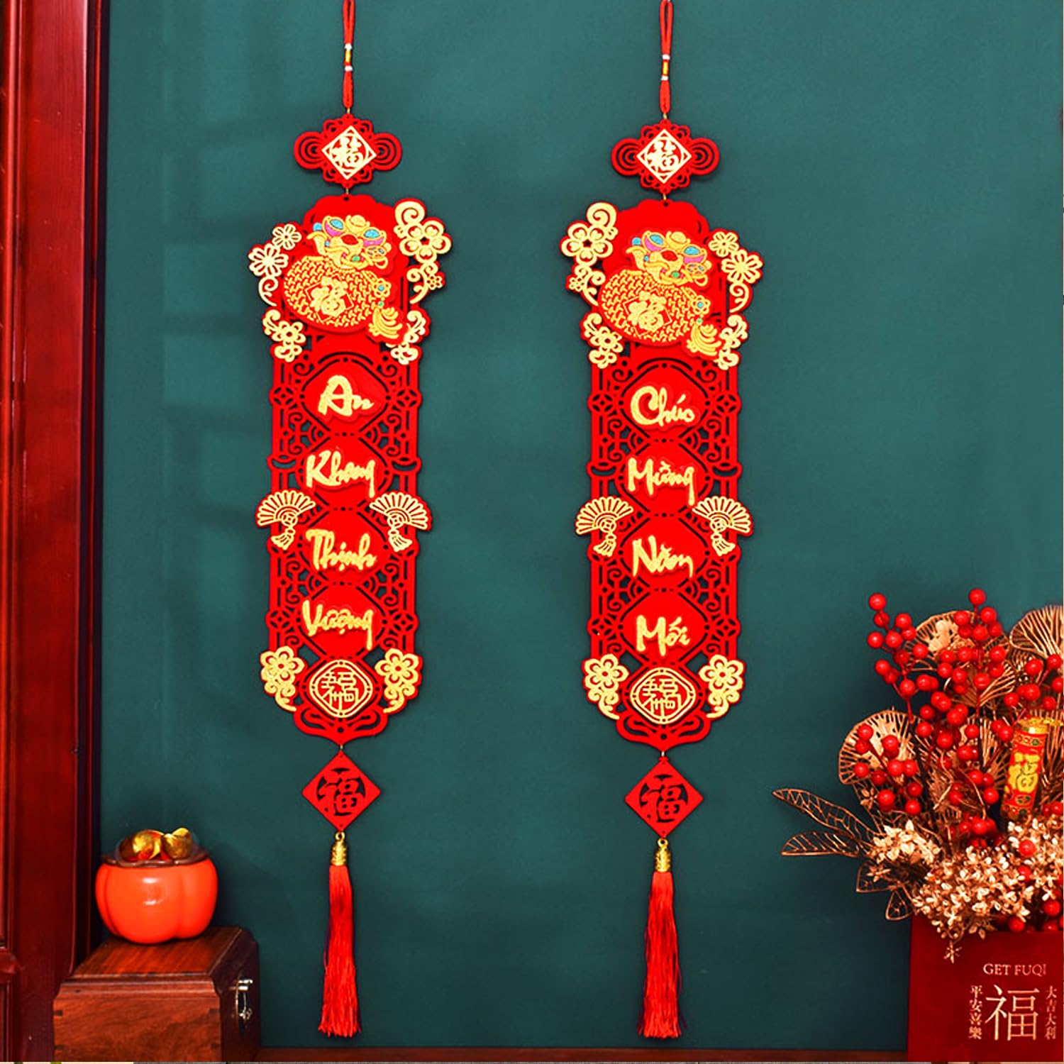 LOONELO Vietnamese New Year Red Hanging Couplets, 2025 Asian Spring Festival Proch Banner for T ...