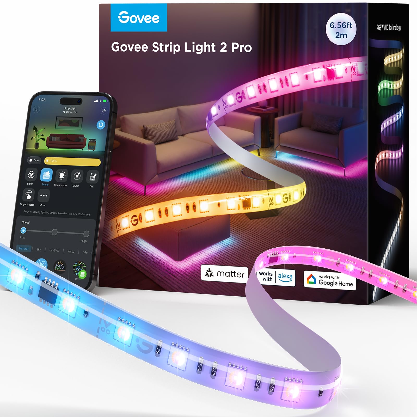 Govee RGBIC Strip Light 2 Pro with Matter, 6.56ft Smart LED Strip ...