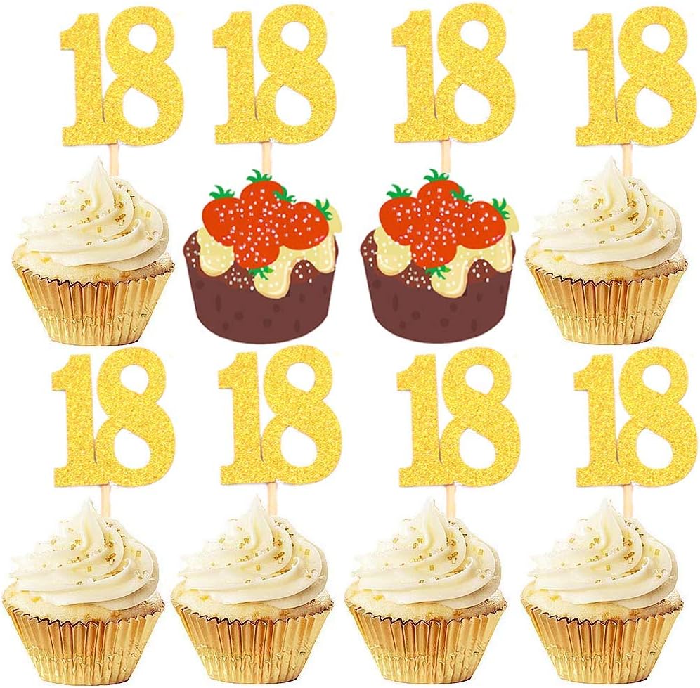 Dusenly 20pcs Number 18 Cake Topper Golden Glitter Cupcake Picks Cake ...