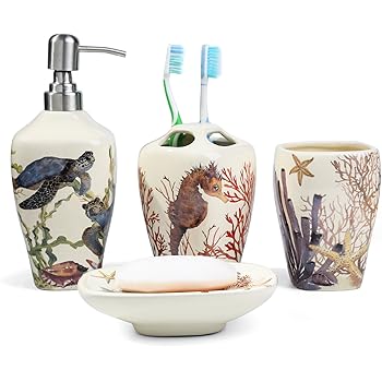 Amazon.com: 4-Piece Ceramic Cute Sea Animals Nautical Bathroom ...