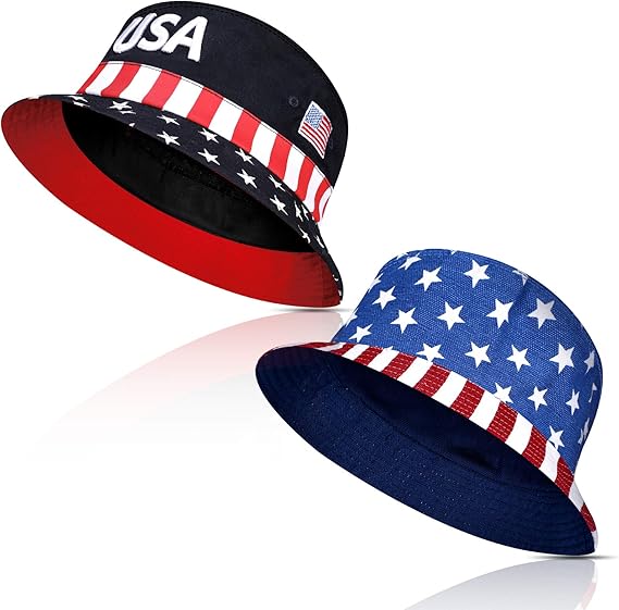 Vicenpal 2 Pieces Patriotic Bucket Hat American Flag Bucket Hat Summer ...