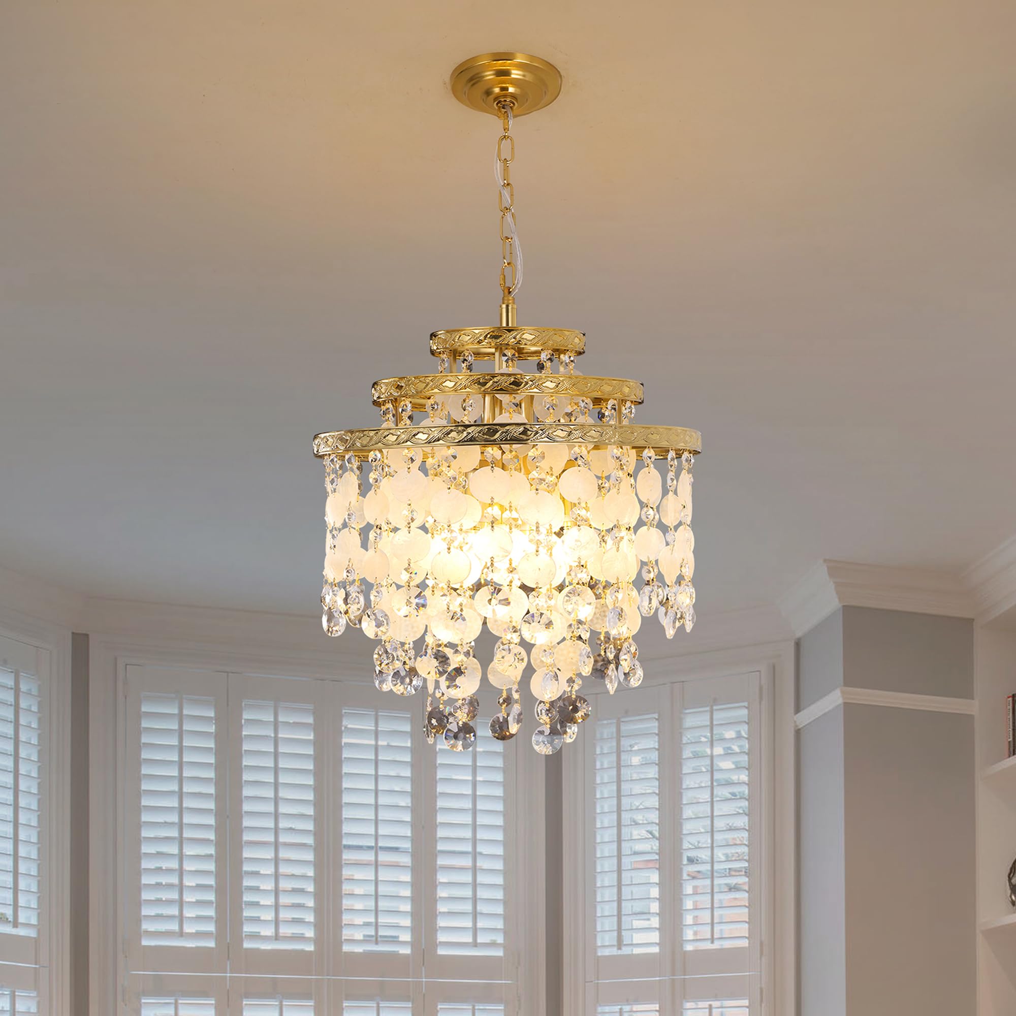 Gjlulqi Capiz Shell Crystal Chandelier Luxury Round Gold Coastal ...