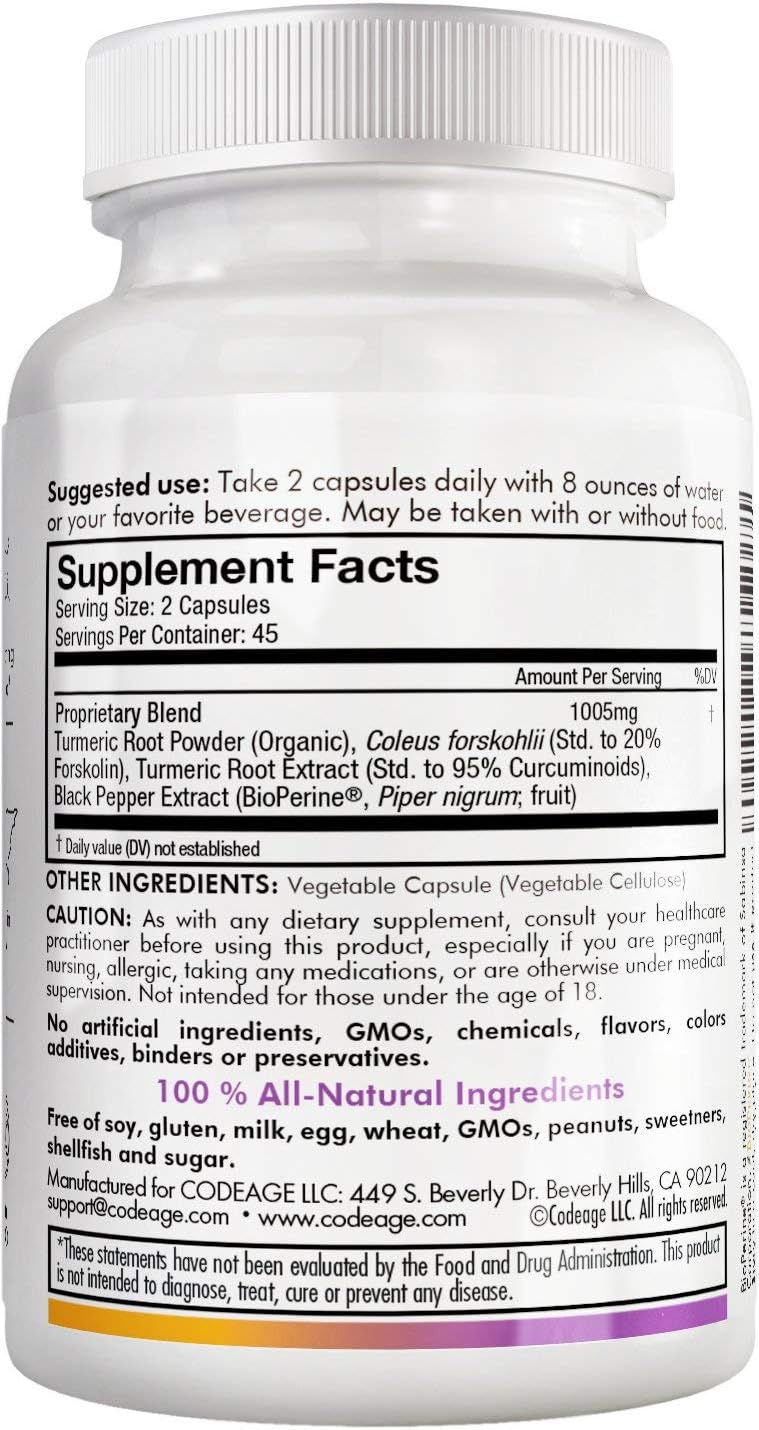 Codeage Forskolin, Pure Forskolin Coleus + Organic Turmeric Root Powder ...