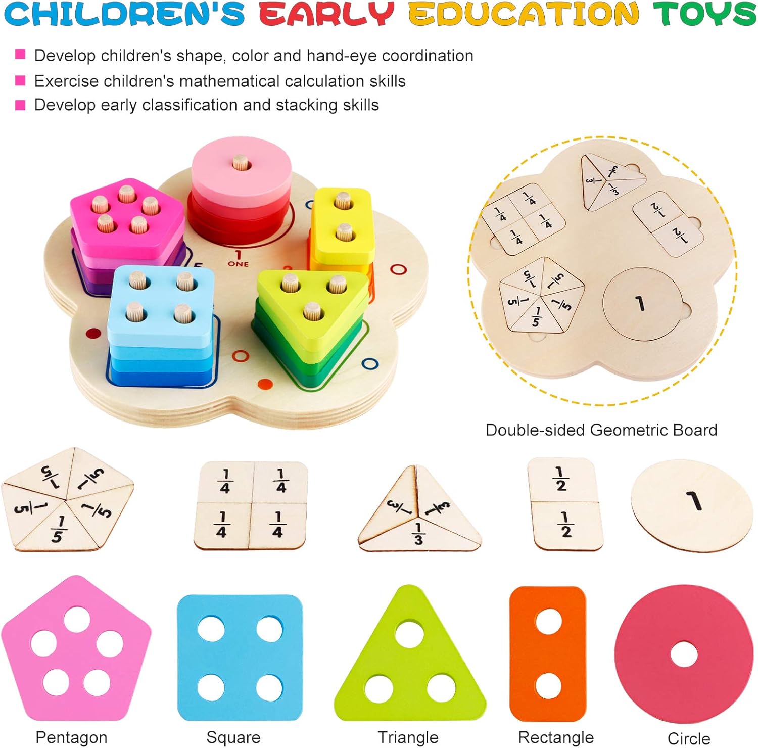 FancyWhoop Geometric Stacker Sorting Board, Wooden Shape Sorter Puzzle ...