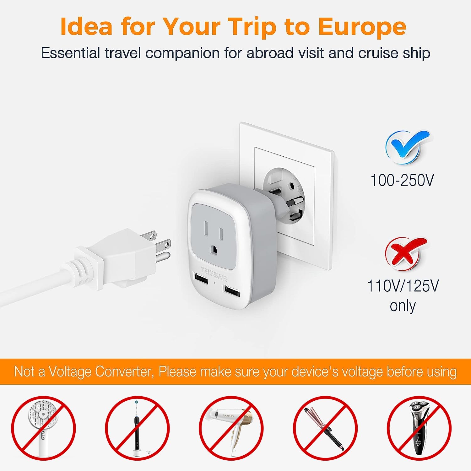 Mua European Travel Plug Adapter, TESSAN Europe Power Plug with 2 USB ...