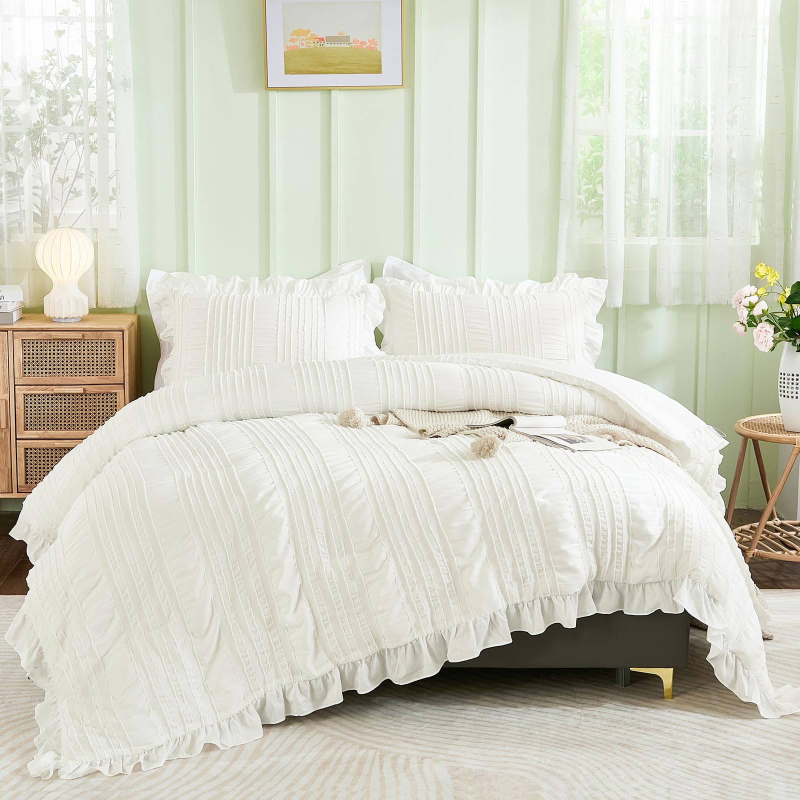 WONGS BEDDING White Comforter Set King,3 Pieces Ruffle Farmhouse Shabby ...