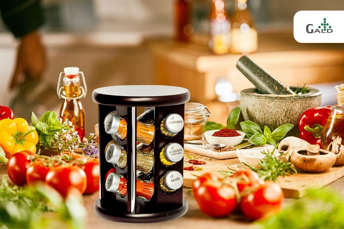 Revolving Spice Racks Free Standing with Glass Jars Full of Herbs and ...