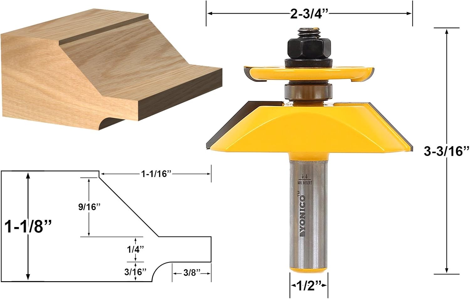 Yonico 12150 2-3/4-Inch Bevel Raised Panel with Back Cutter Router Bit ...