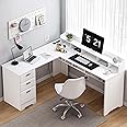 Amazon.com: White L Shaped Desk with 3 Drawers, 60 inch Corner Desk ...