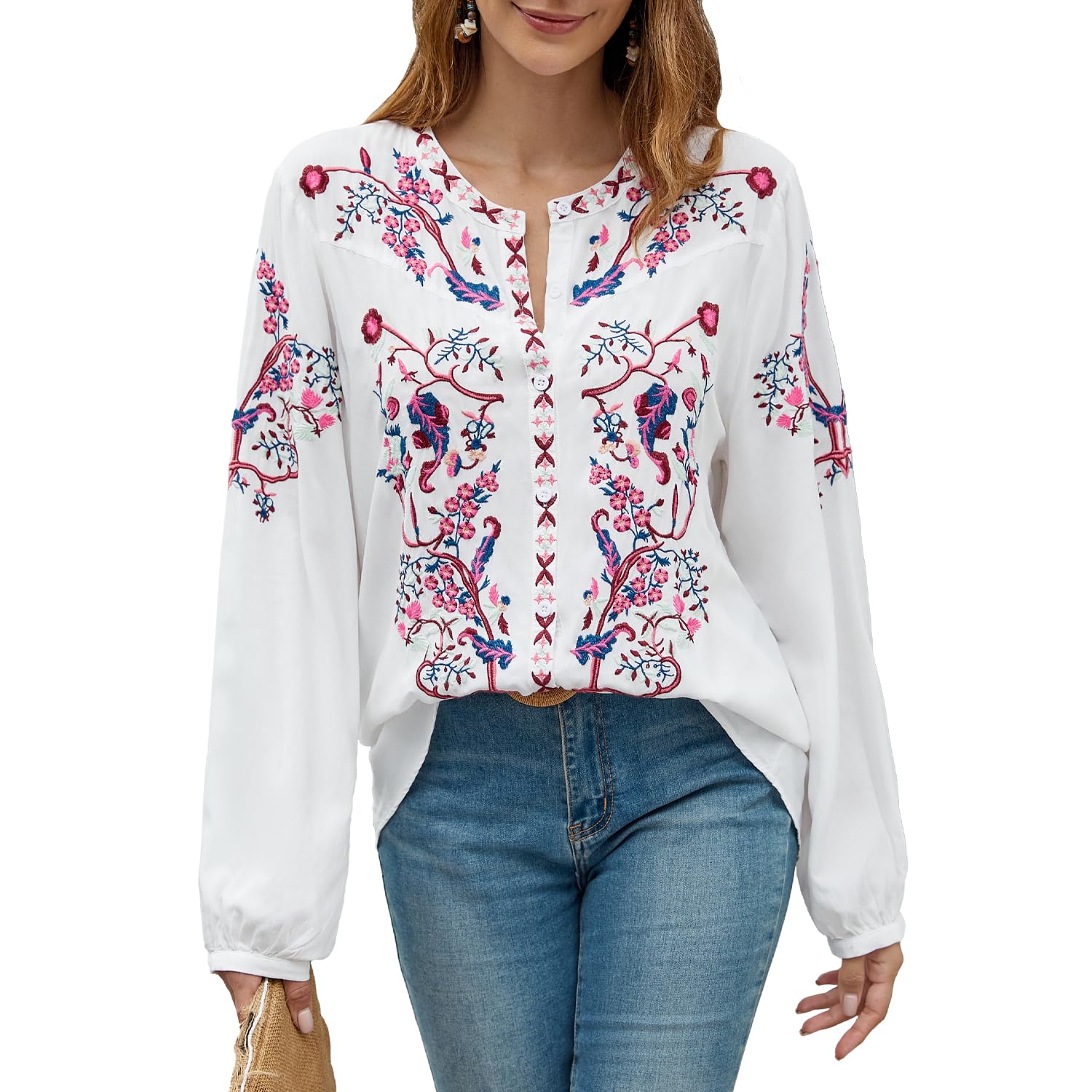 Womens Long Sleeve Shirts Fall Tops Embroidered Blouses Casual Loose ...
