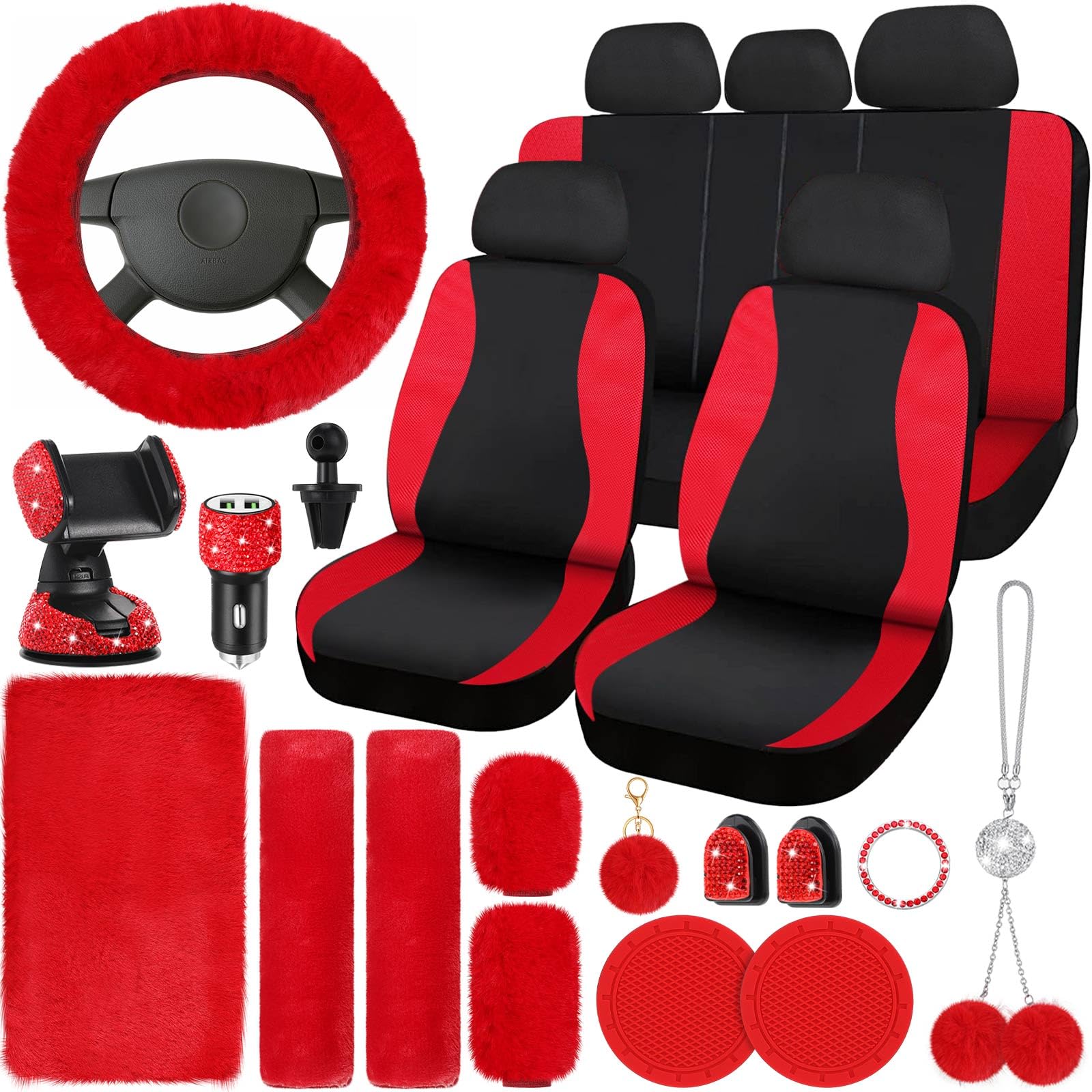 Nuenen 24 Pcs Red Car Seat Cover Full Set for Women, Car Seat Covers ...