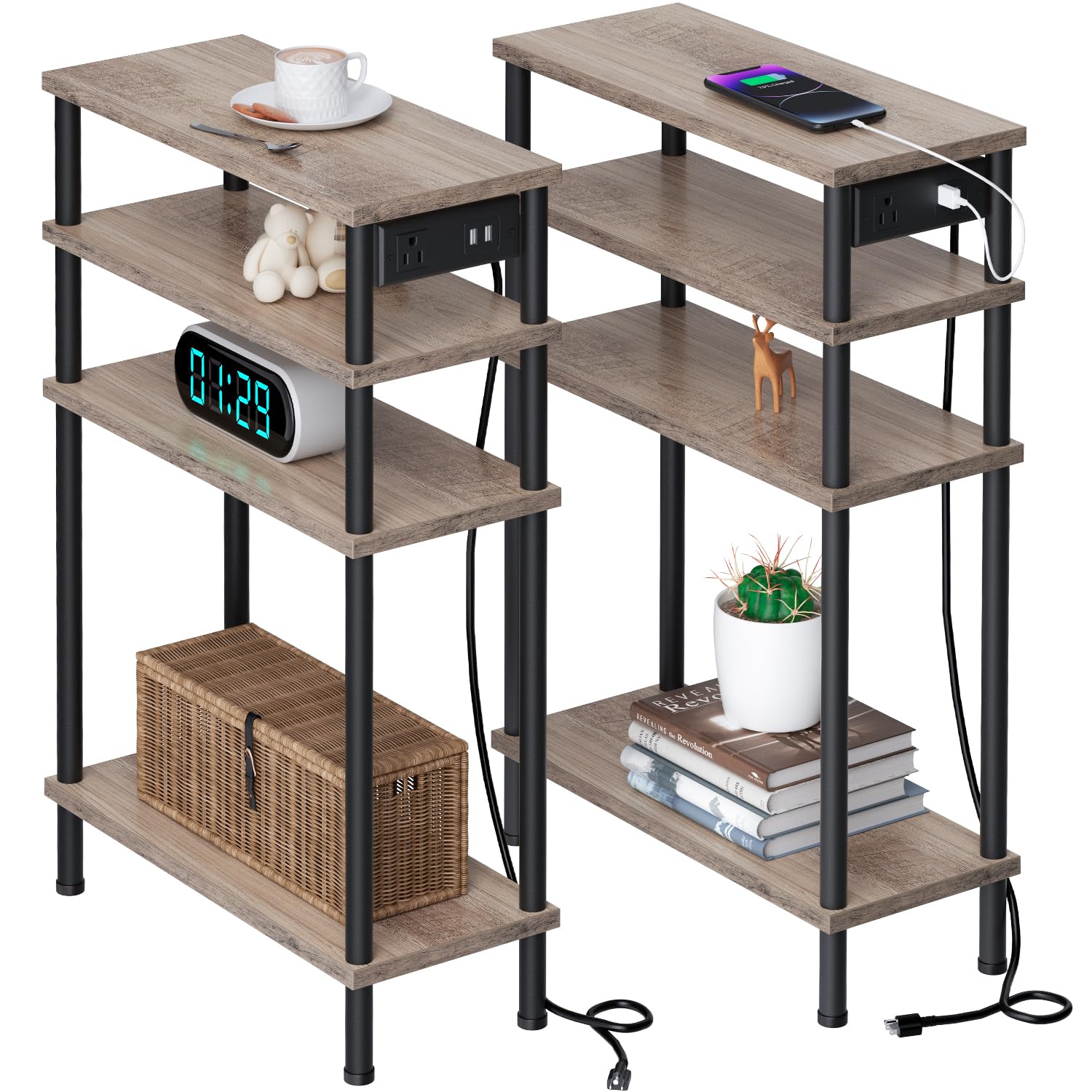 Asgolion Narrow Side Table with Charging Station, 4 Tier Small End ...