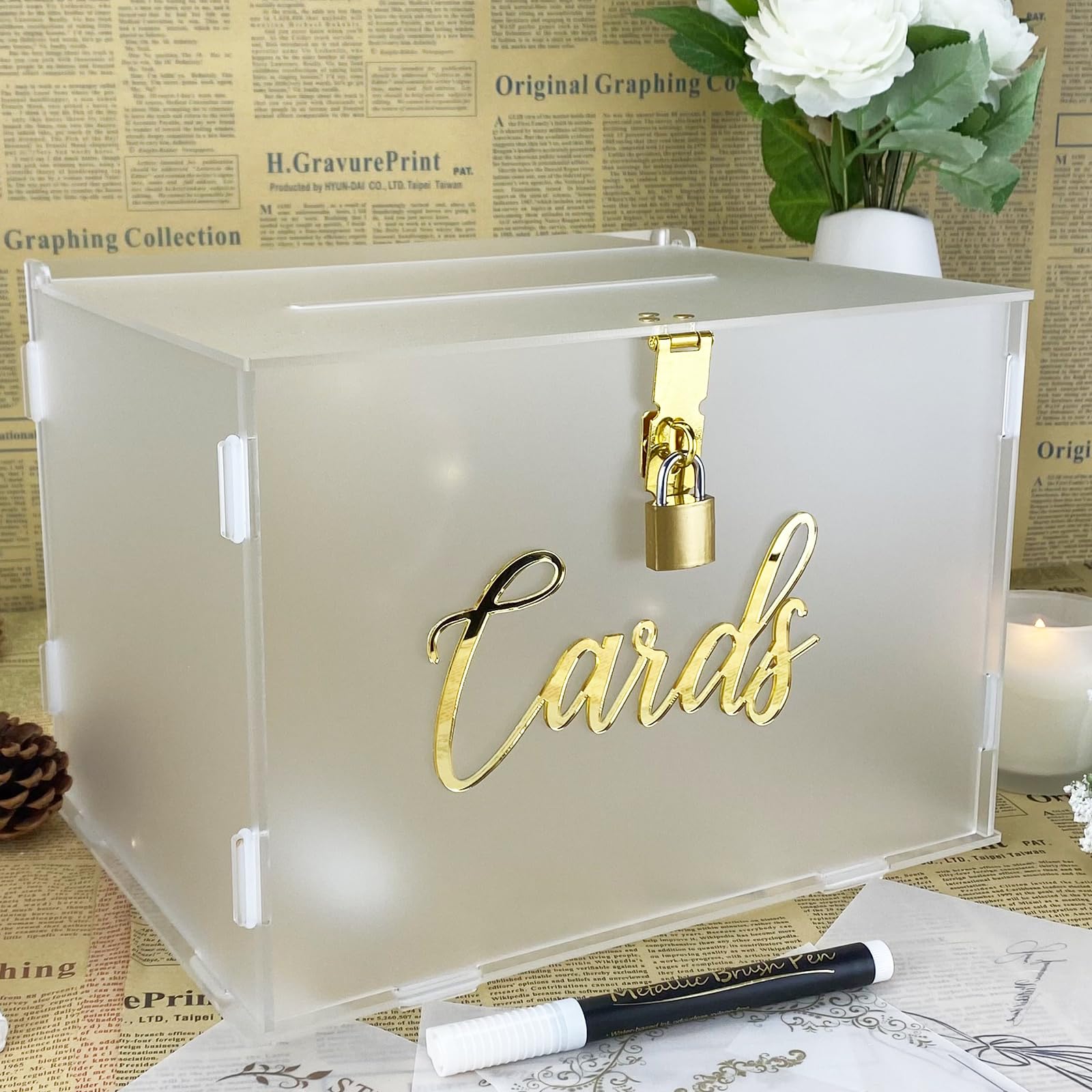 FCDECOR 11" Acrylic Wedding Card Box with Lock, Frosted Gift Card Box ...