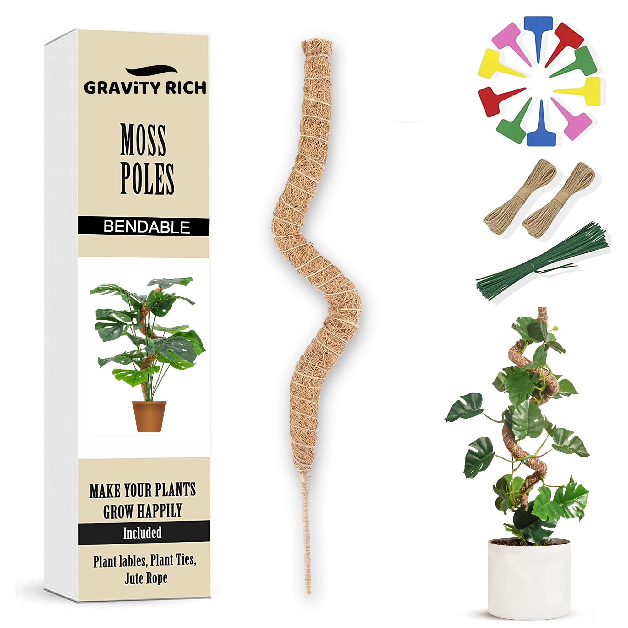 Gravity Rich Bendable Moss Pole, 47-inch Coco Coir Moss Pole for Plants ...