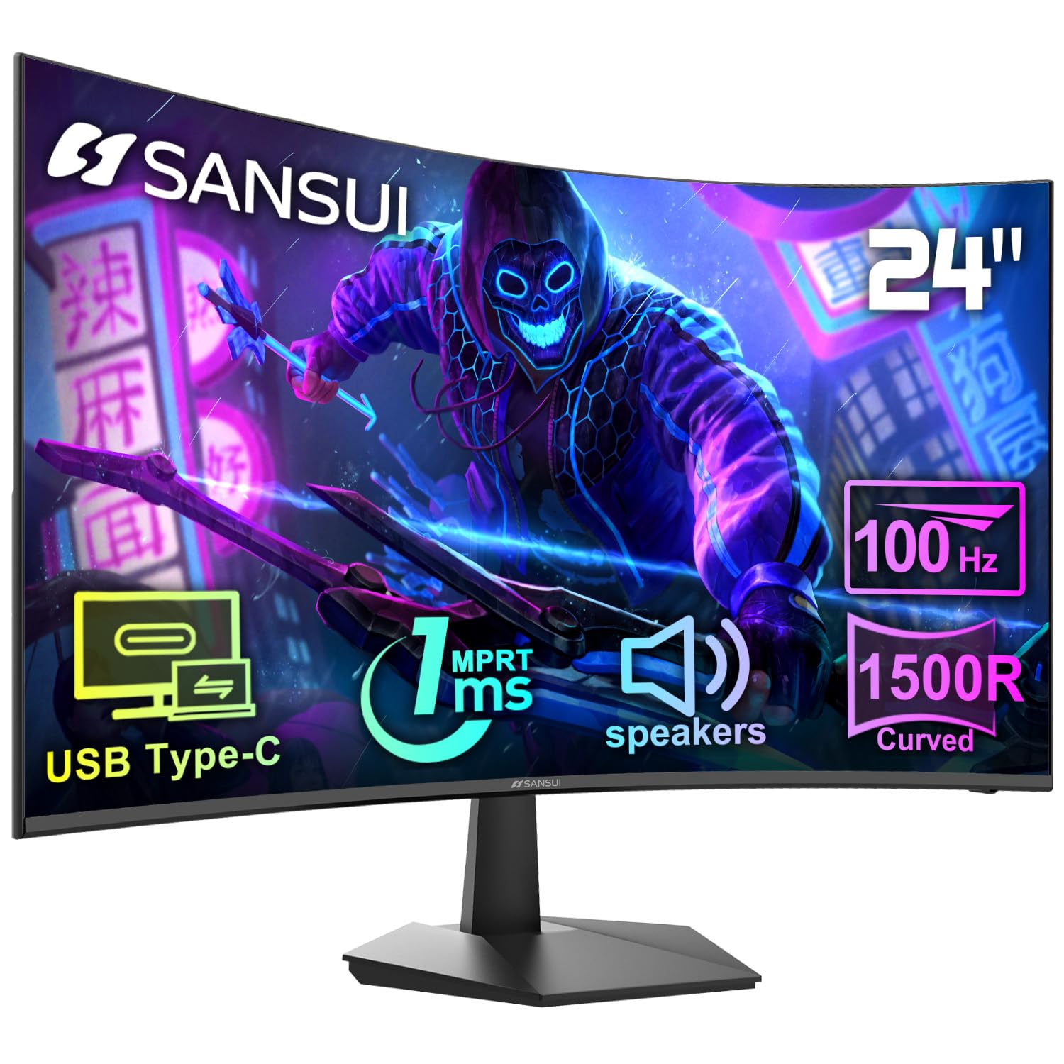SANSUI Curved Monitor 24 inch 100Hz USB Type-C Computer Monitor with ...