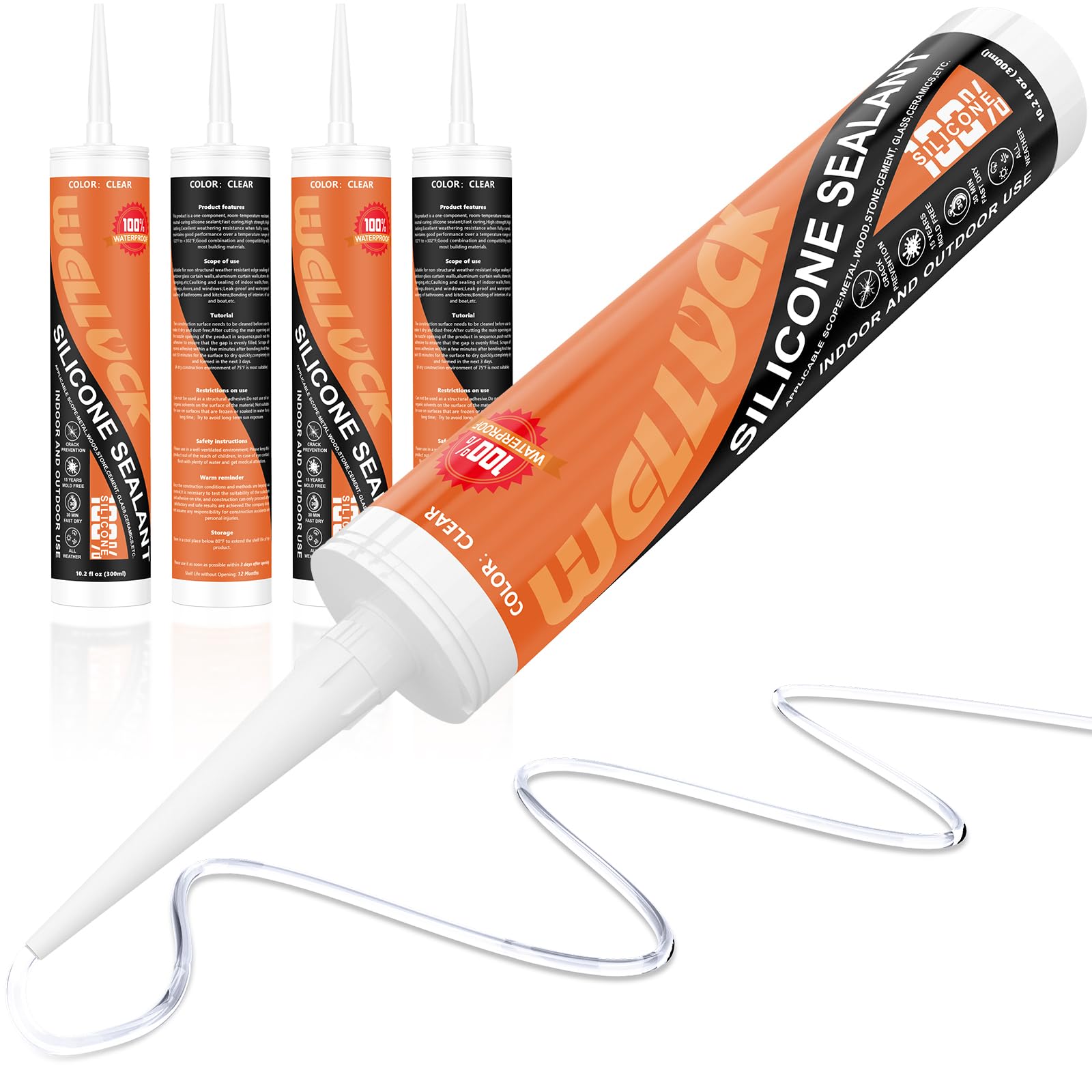 WELLUCK Clear Silicone Caulk, 100% Waterproof Caulking Silicone Sealant ...