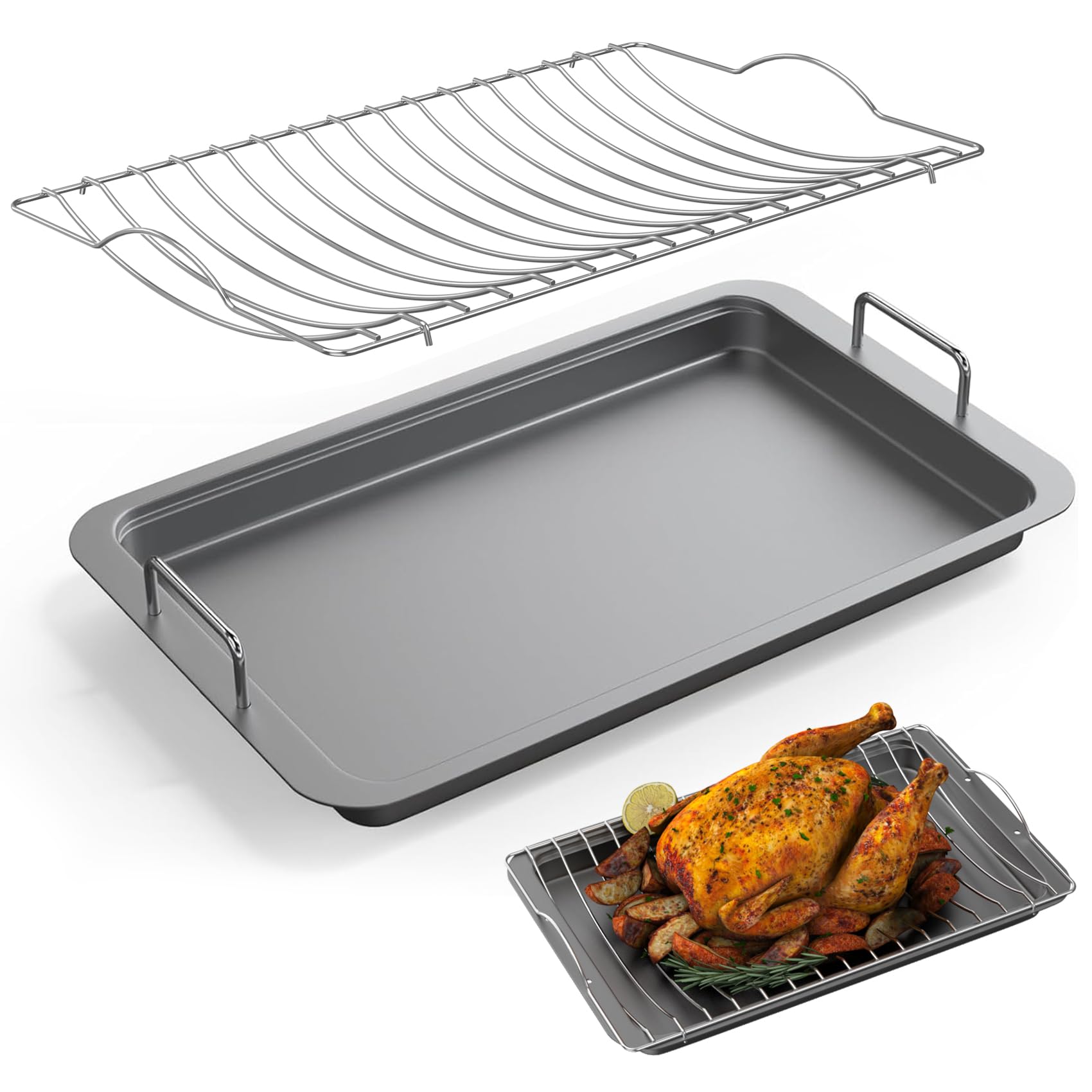 SafBbcue Turkey Roasting Pan Grill Pan with Rotisserie Chicken Rack 17 ...