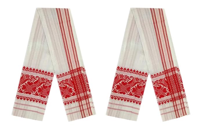 Assam Handloom- Polycotton Assamese Traditional Gamusa with Red and ...