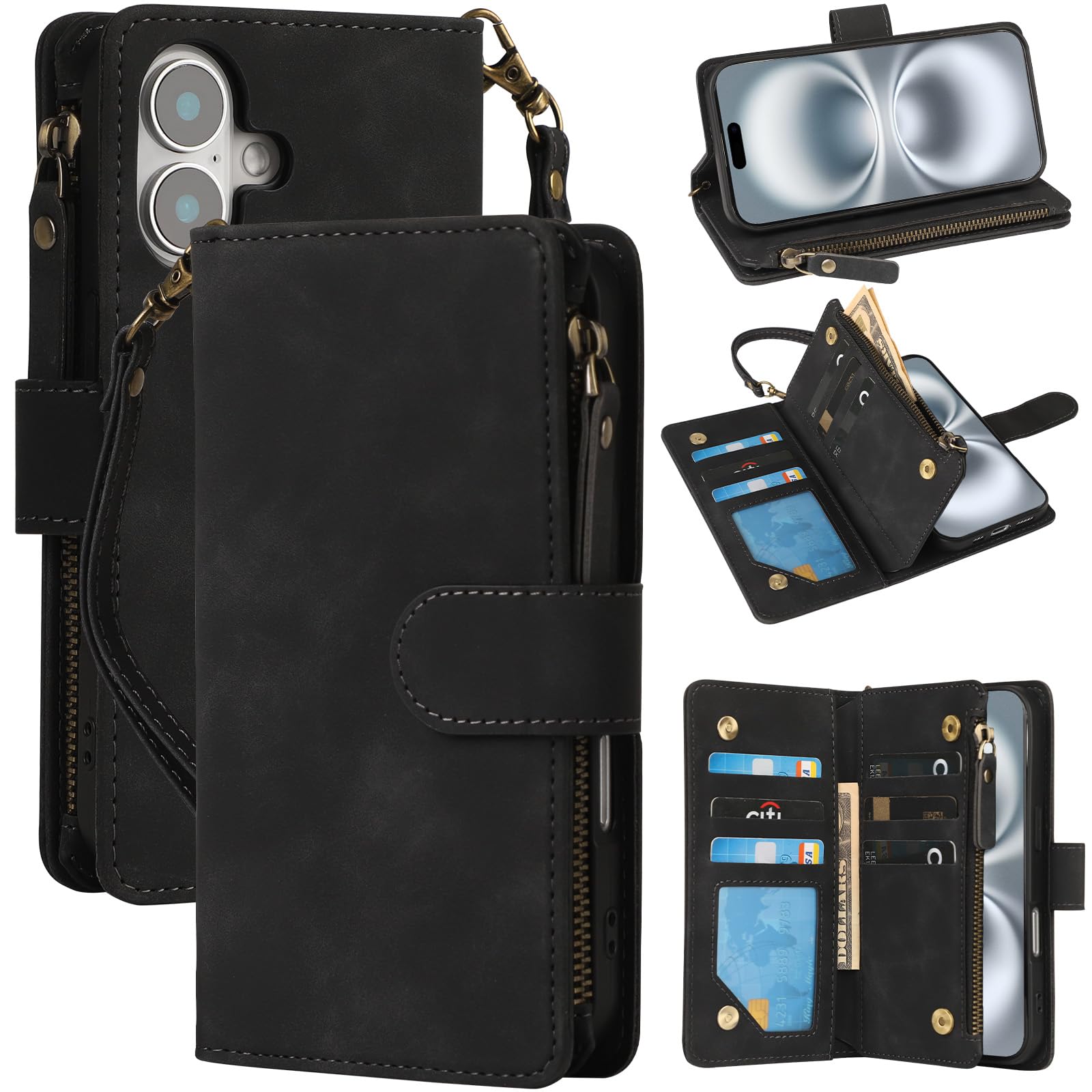 RANYOK Compatible with iPhone 16 Plus Case Wallet - PU Leather Flip Folio with Wrist Strap ...