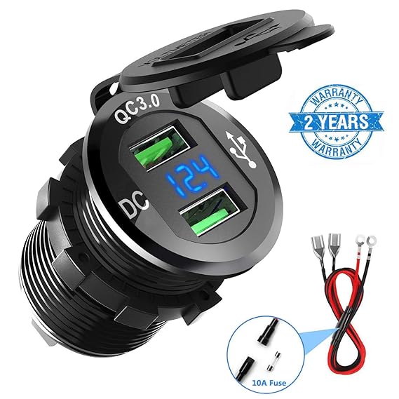 Toma USB de Cargador, CHGeek 12V/24V Cargador Coche Impermeable, Dual Quick Charge 3.0 Puerto ...