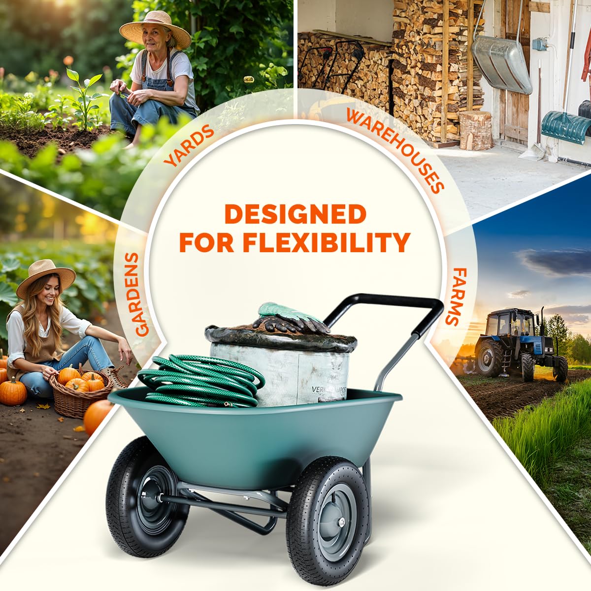 Upgrade 2 Wheel Wheelbarrow, Yard Cart With Padded Handlebar, 14 Inch ...