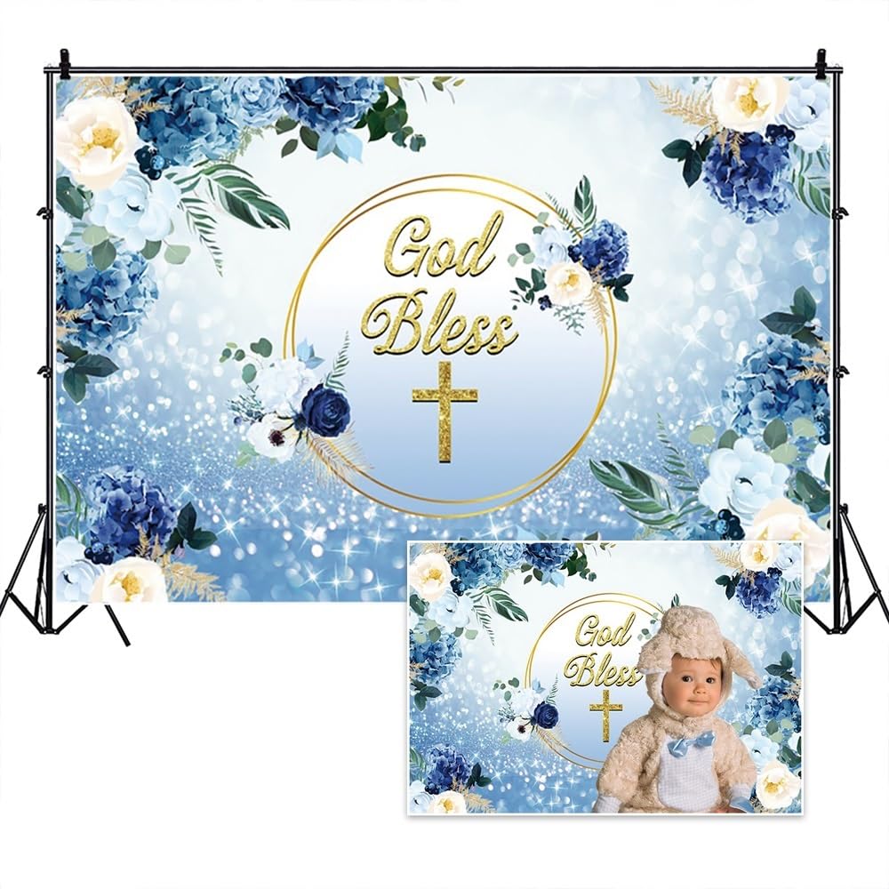 Vie Savaran 7x5ft Baptism Backdrops God Bless Crucifixion Blue Floral ...