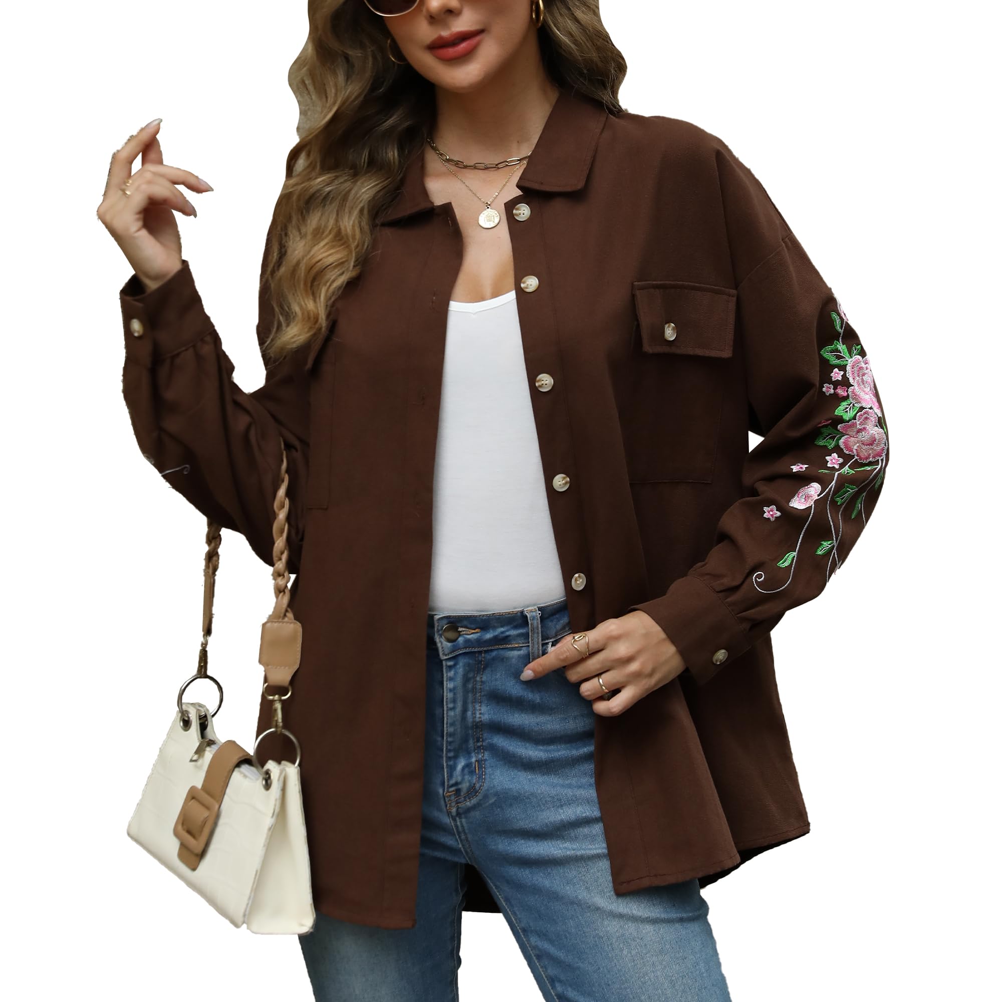AK Women's Floral Embroidered Button Down Shirt Casual Long Sleeve ...