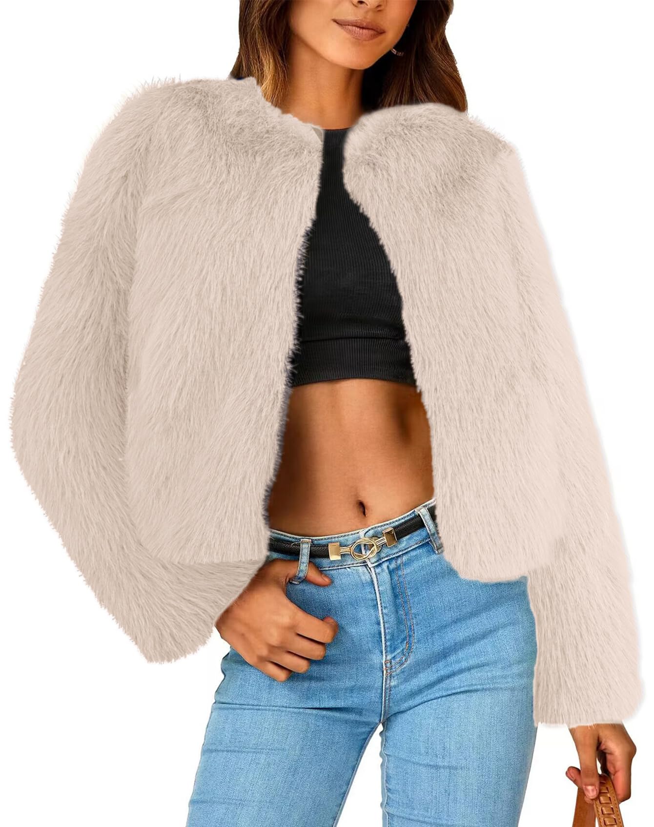 Simplee Women's Faux Fur Coat Furry Cropped Jacket Long Sleeve Warm ...