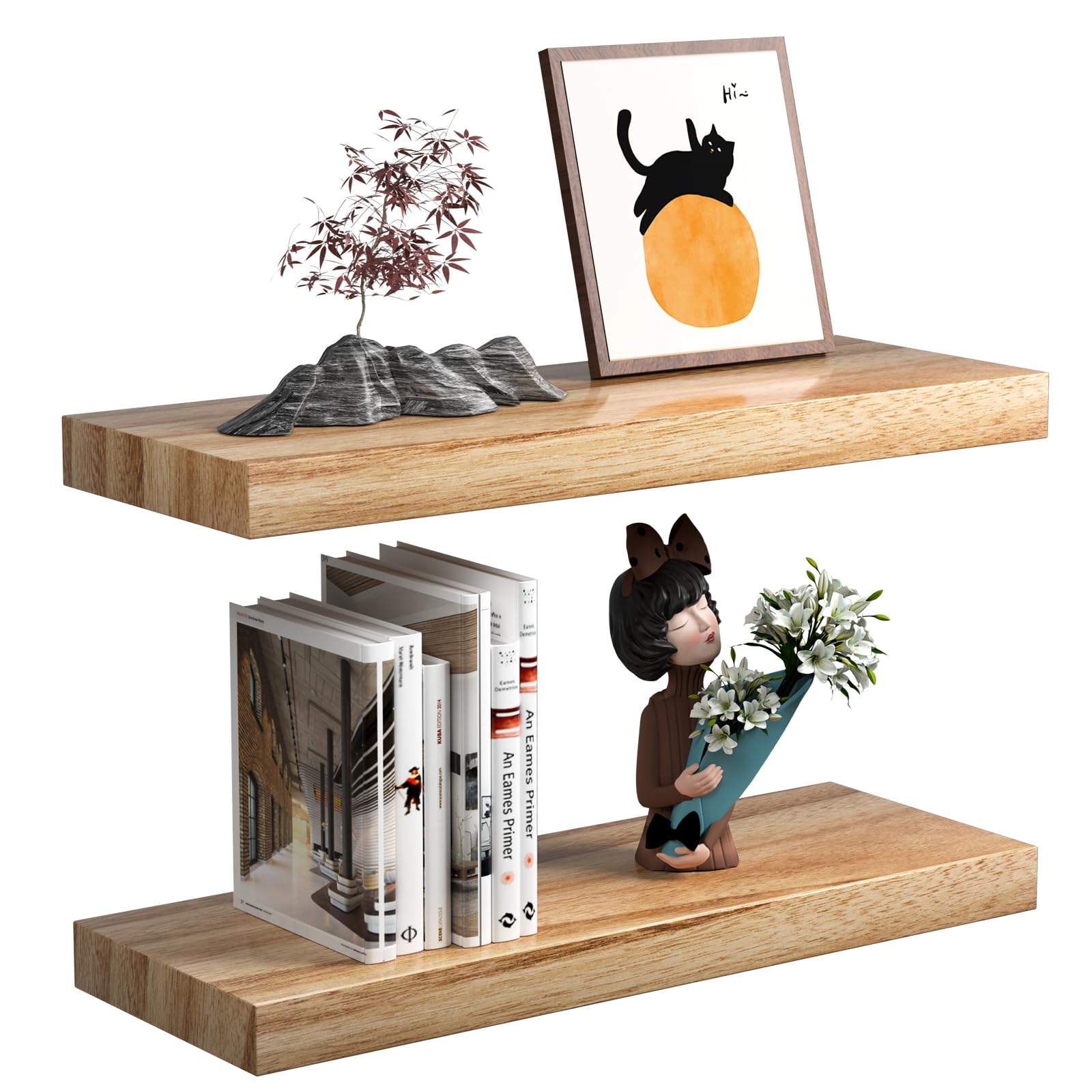 16.5in Floating Shelves, Natural Solid Wood Shelf Set of 2, Wall ...