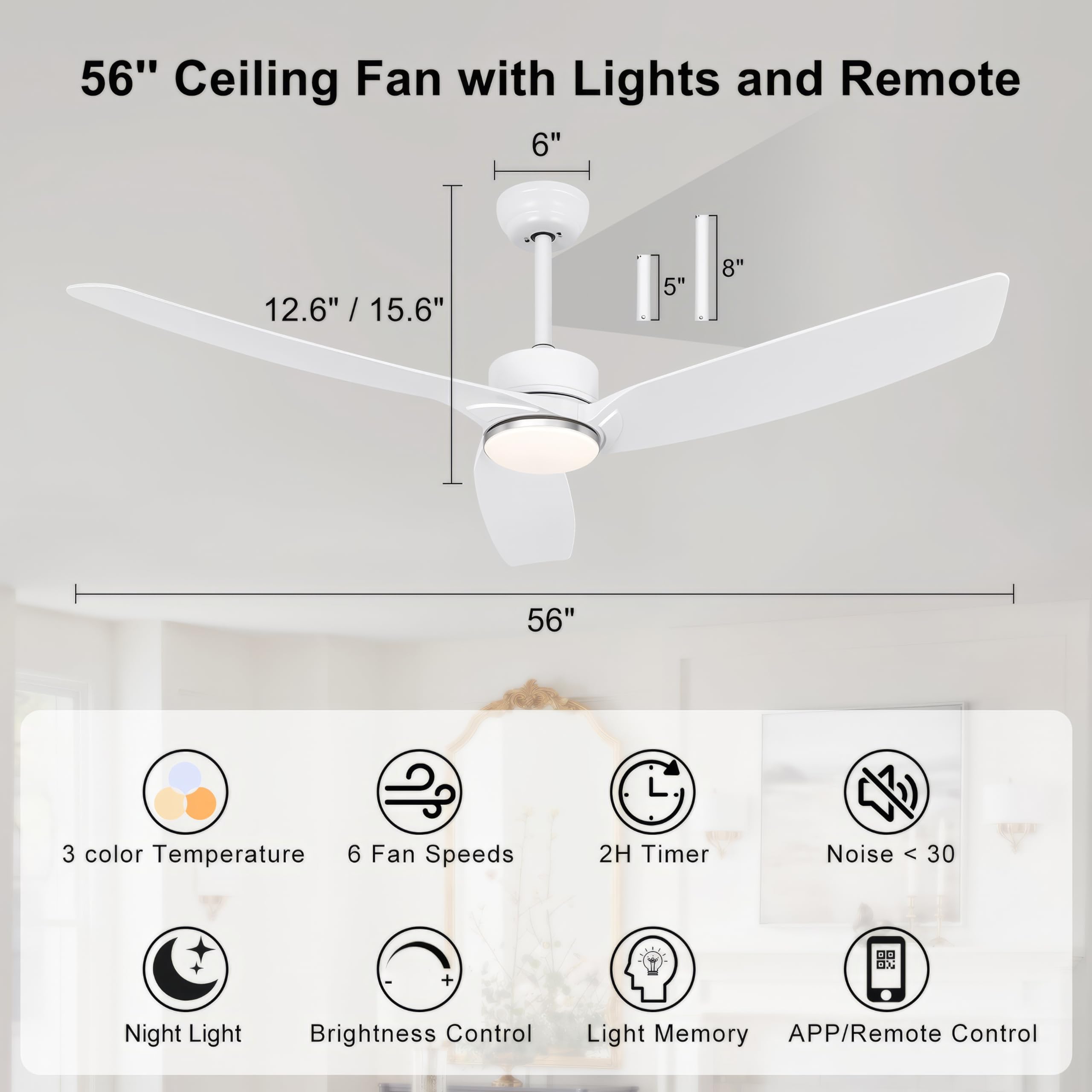 Mua Ohniyou 56 Inch White Ceiling Fan with Lights, Modern 3 Blades Ceiling Fan with Remote/APP ...