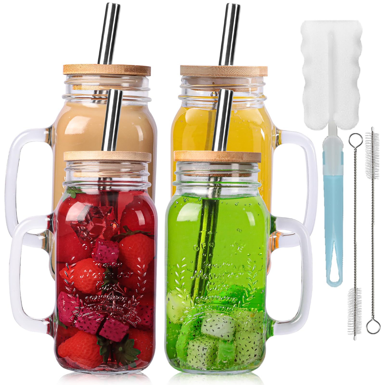 Yirilan 4 Pack 24Oz Mason jar cups with lids and straws, Mason Jars with Handle, Mason Jar ...
