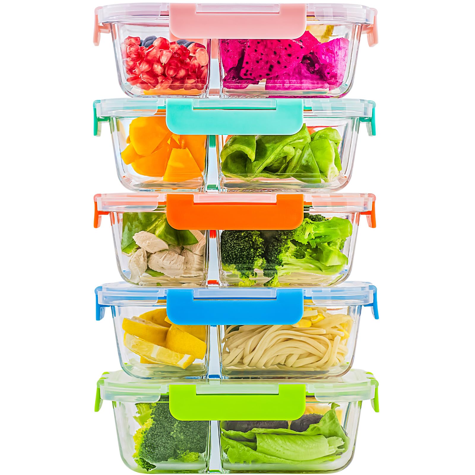 C CREST 5-Pack,3 Compartment Glass Meal Prep Containers Set,34oz ...