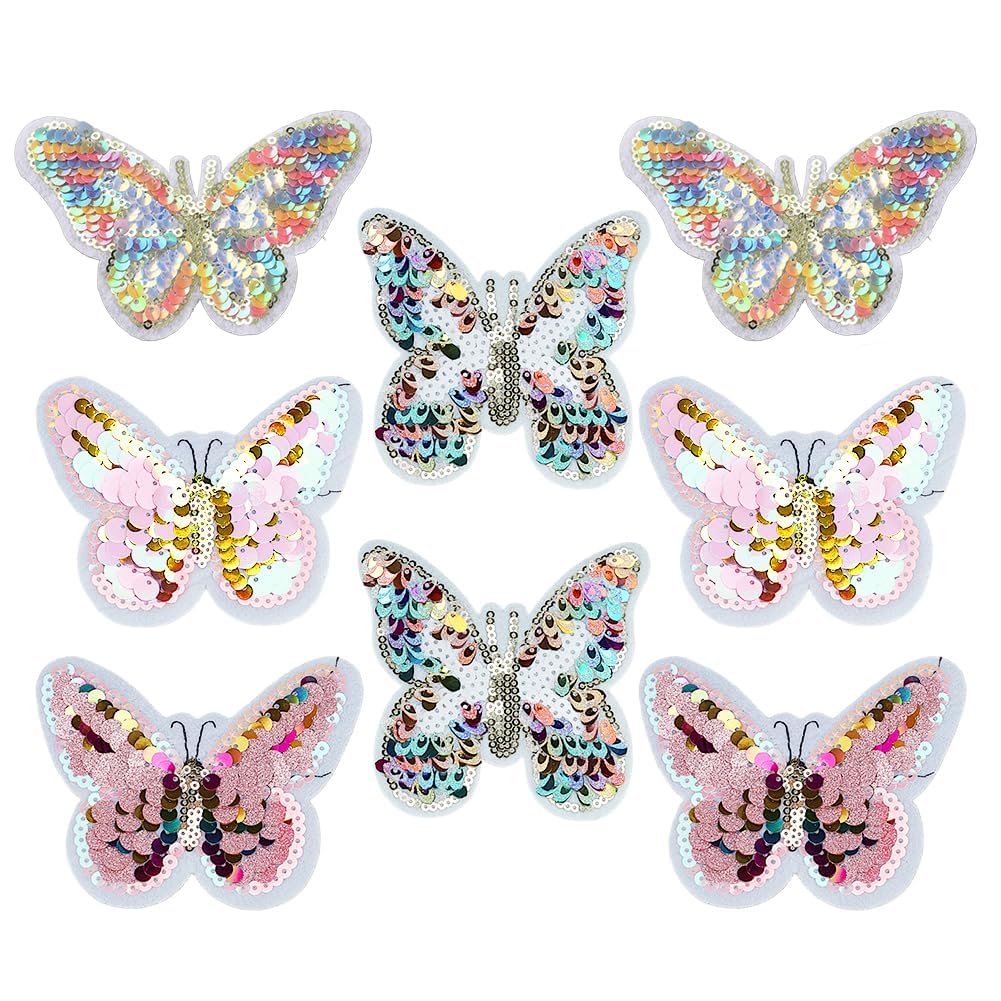 FINGERINSPIRE 8 PCS Sequin Butterfly Embroidery Patch 4 Styles Iron on/Sew on Butterfly Applique ...