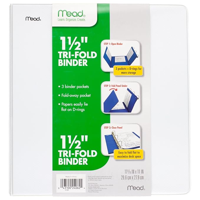 Mead 1-1/2" 3 Ring Binder, Tri-Fold, White (38878): Amazon.in: Office ...