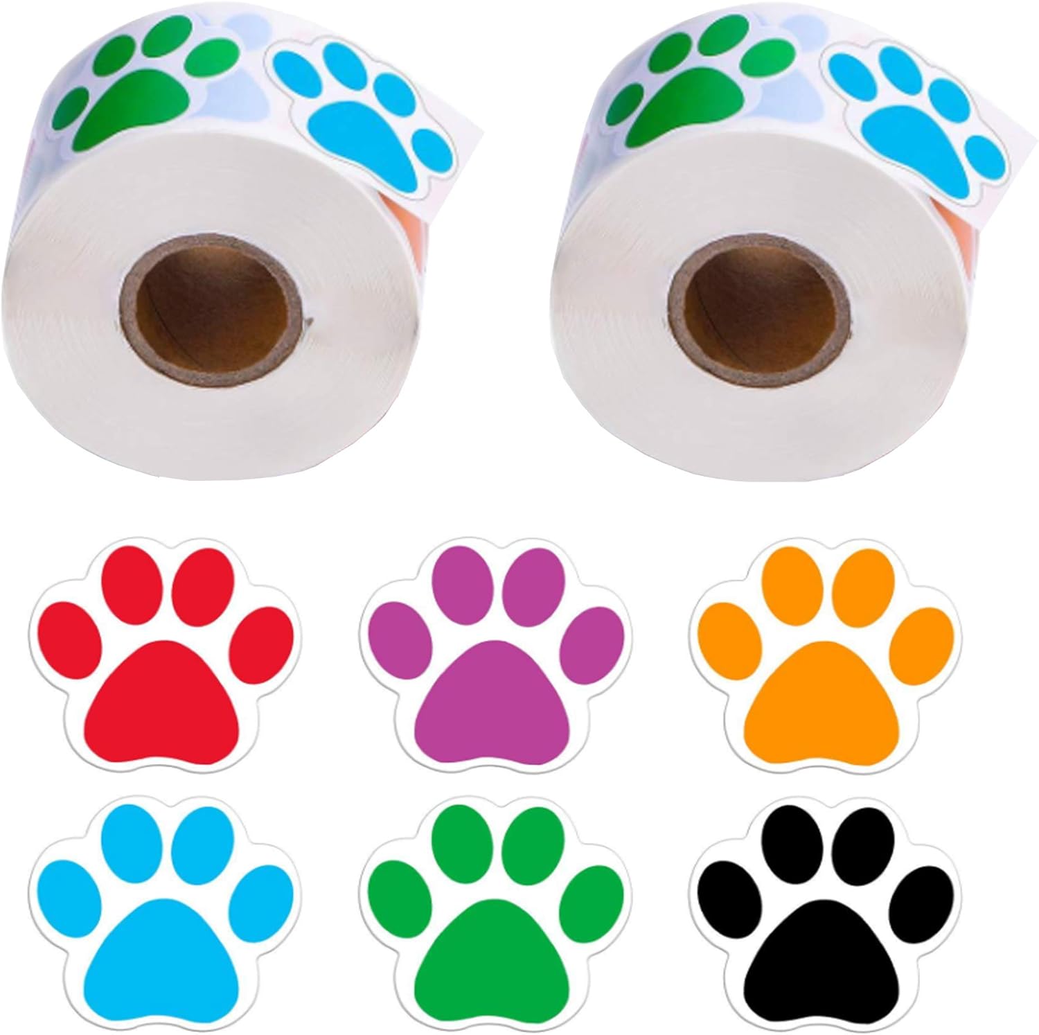 2 Roll of 1000 Pieces Colorful Paw Print Stickers Dog Paw Labels ...