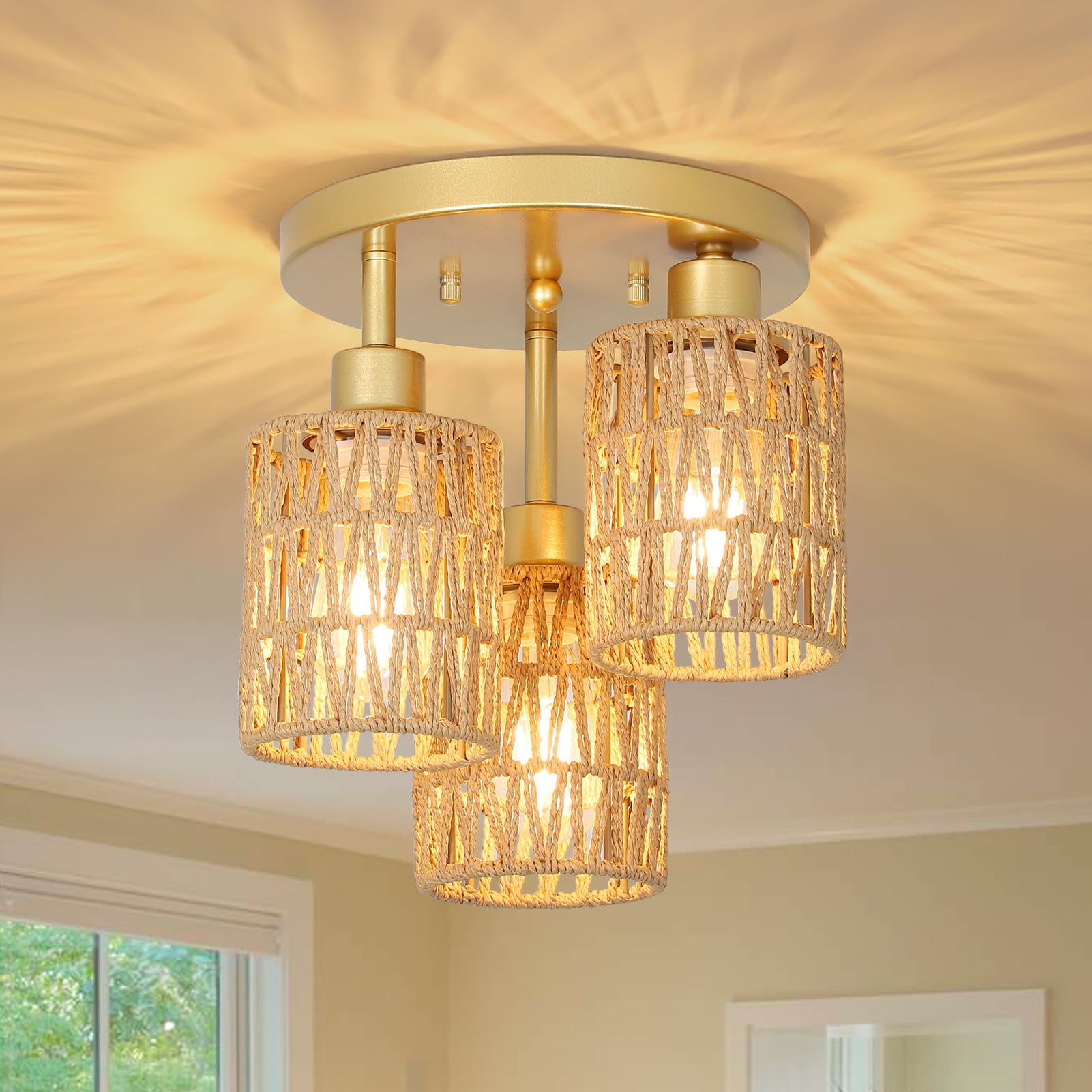 3-Lights Boho Light Fixtures Ceiling Mount, Farmhouse Rattan Light ...