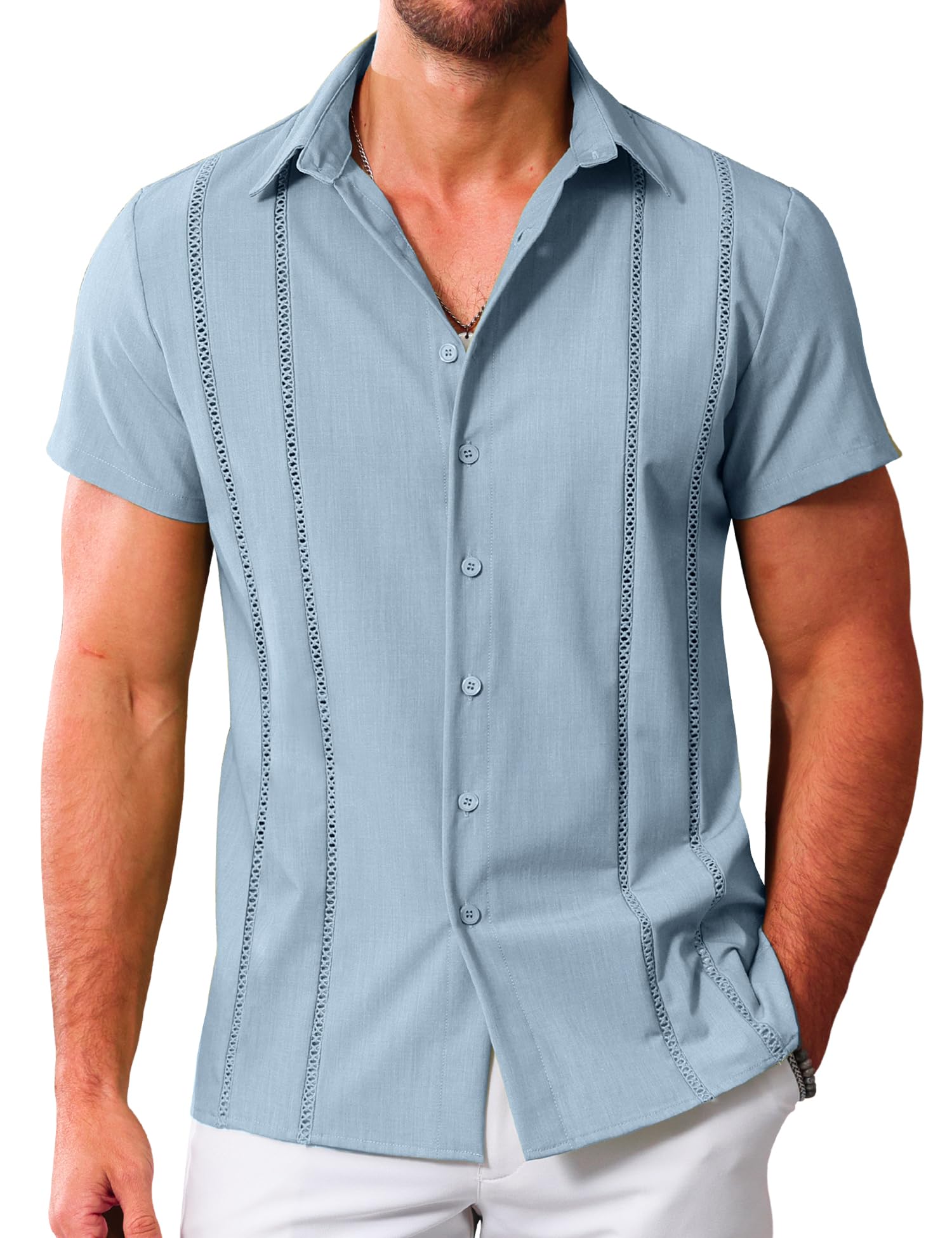 LETSEE Mens Summer Beach Linen Shirts Button Down Vacation Tops Cuban ...