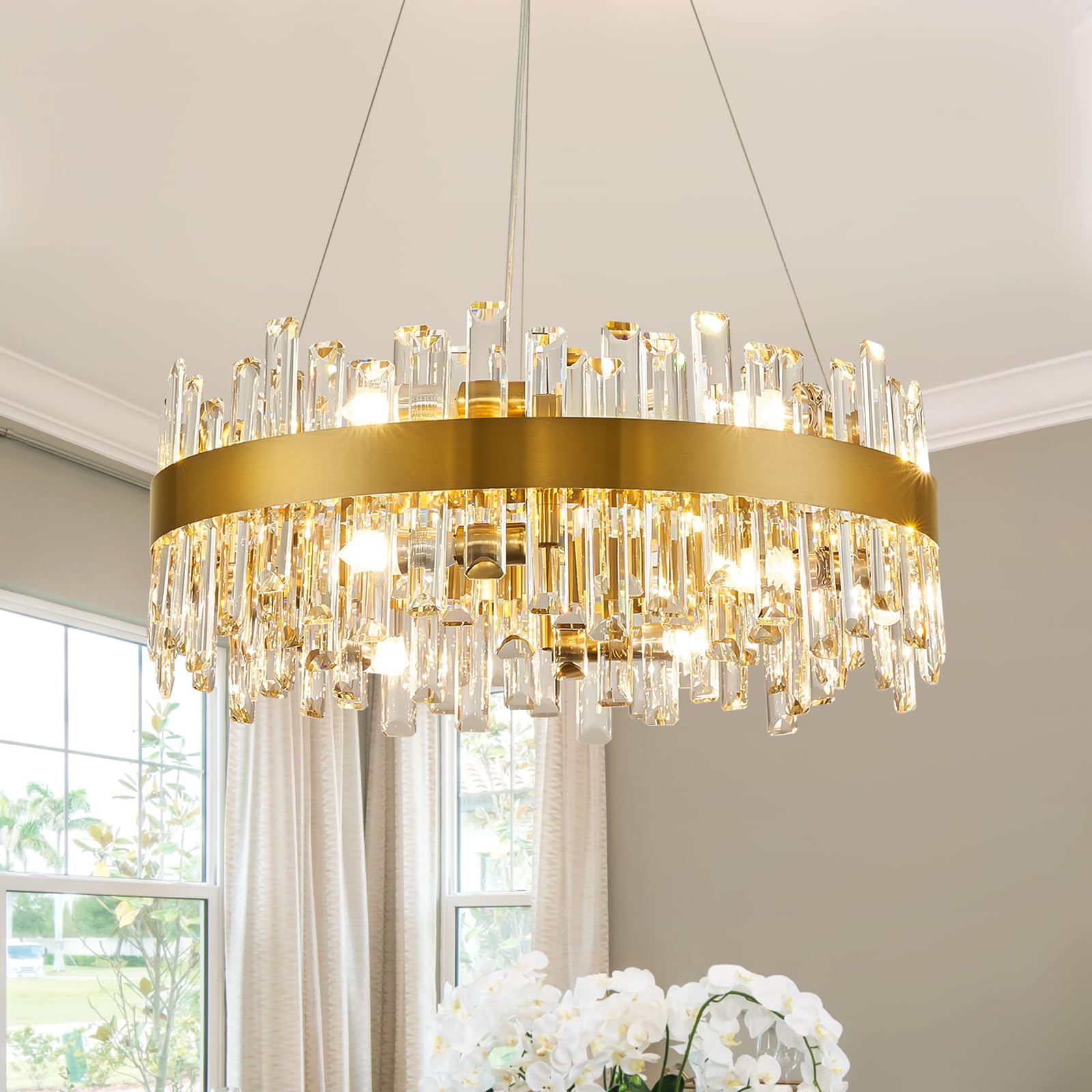 Siljoy Modern Crystal Chandelier 12-Light Brushed Gold 2-Tiers Crystal ...