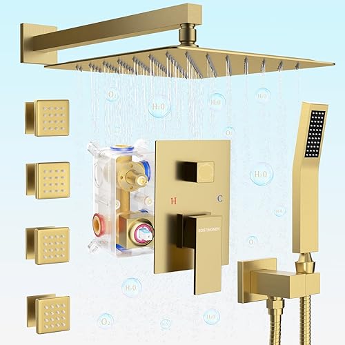 Brushed Gold Rain Shower System with Body Jets, 10 inch Rain Shower ...