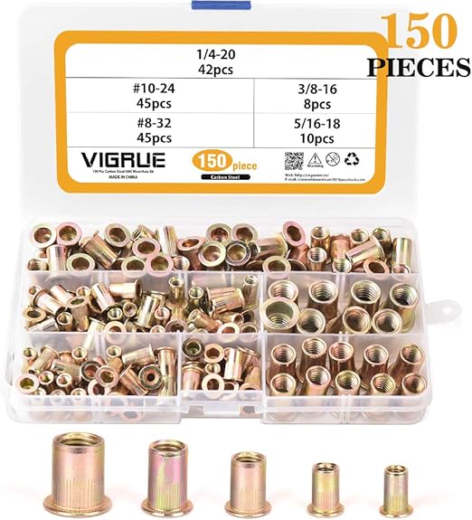 VIGRUE 150pcs #8-32#10-24 1/4"-20 5/16"-18 3/8"-16 Carbon Steel UNC Rivet Nuts Rivnut Assortment ...