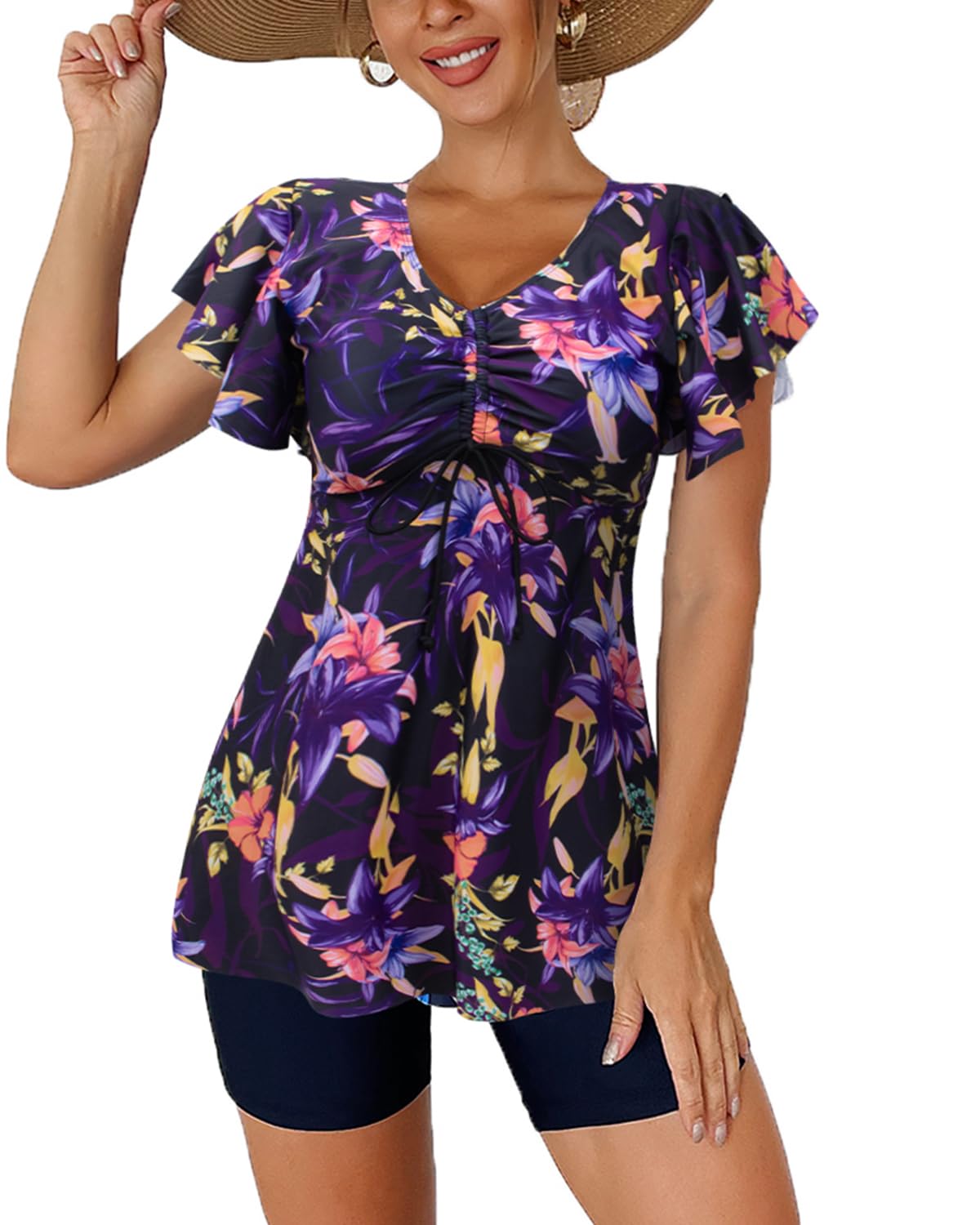 Fanuerg Women's Tankini Swimsuits Ruffled Flowy Tankini Tops with Boy ...