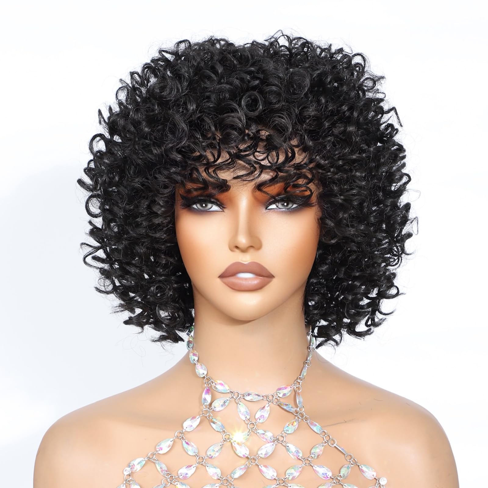 YOKABOOM Black Short Afro Curly Wigs with Bangs for Black Women ...