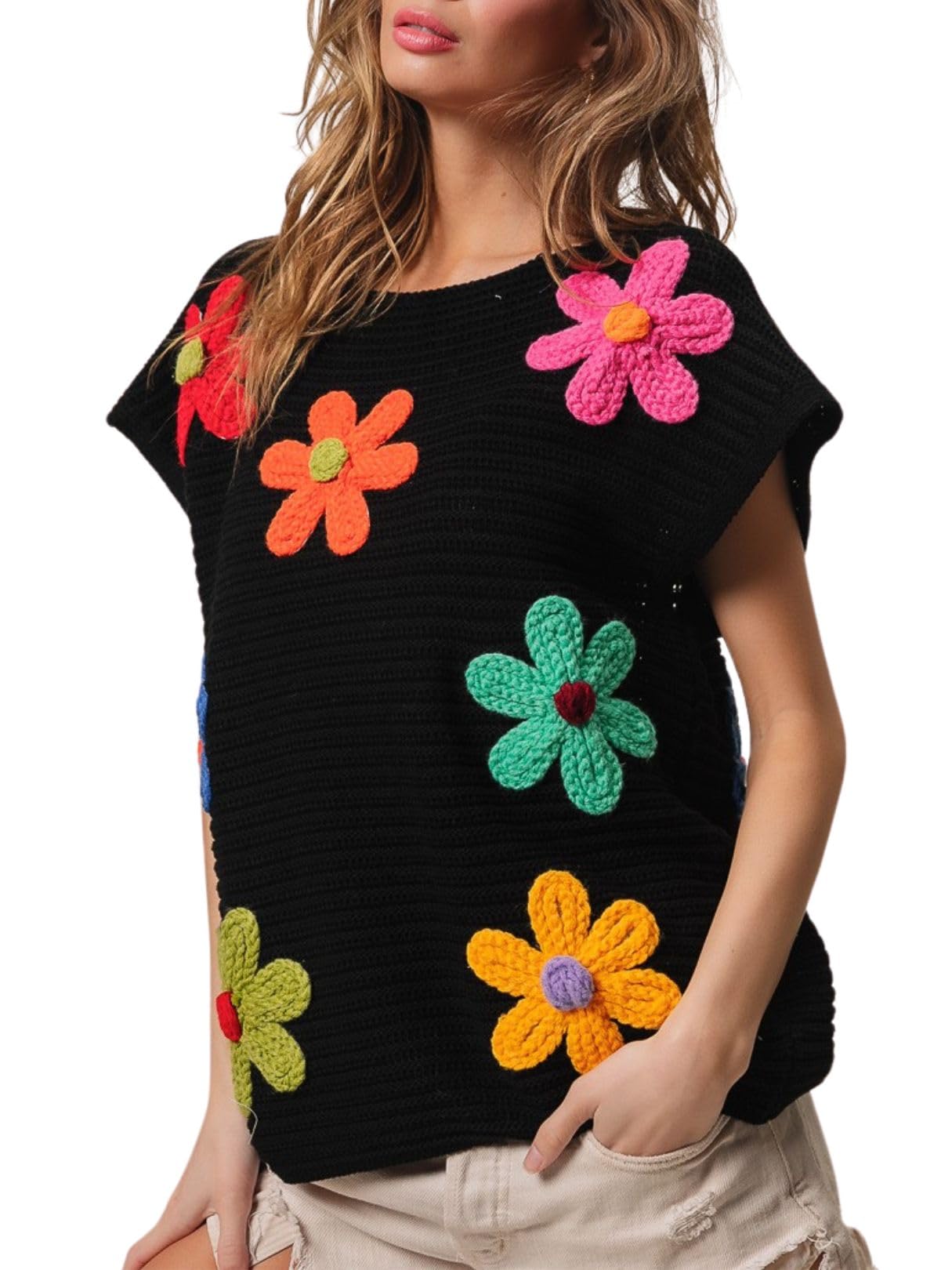 Joiemont Womens Crochet Flower Embroidery Knit Top Sleeveless Round ...