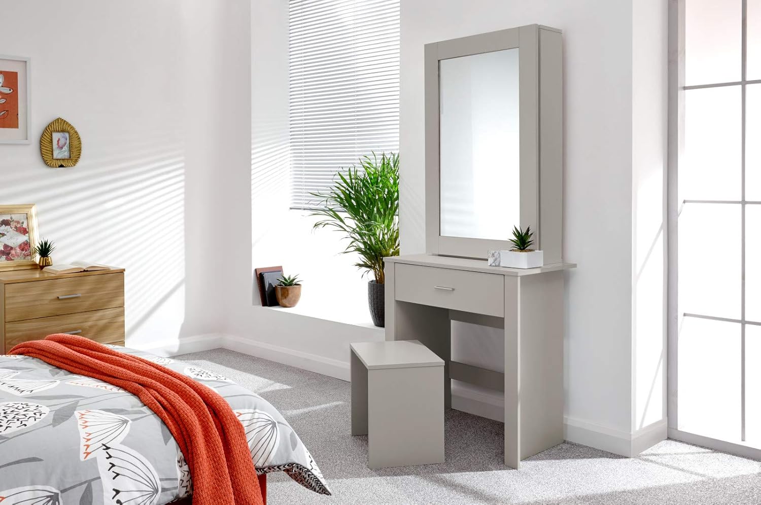 Home Source Modern Grey Mirror Dressing Table Vanity Unit and Stool Set ...