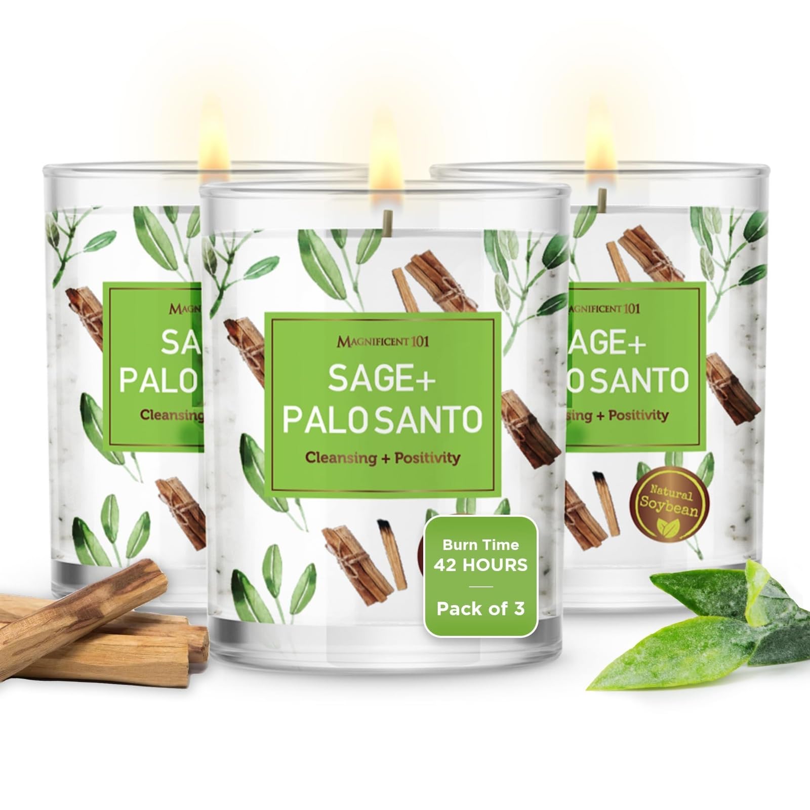 Magnificent 101 3 Long Lasting Pure Sage + Palo Santo Candles | 3.5 Oz Each - 42 Hour Burn ...