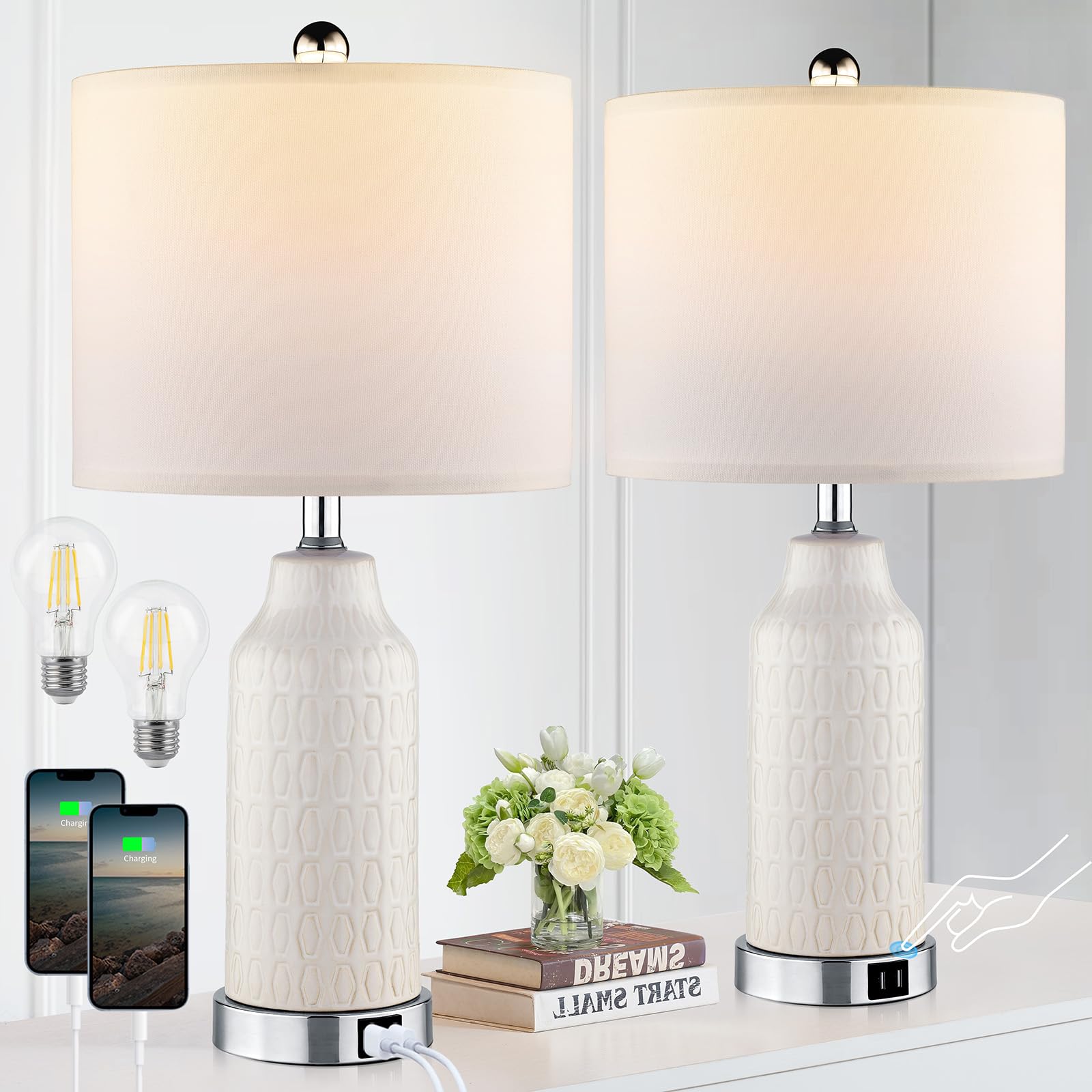 Cinkeda Modern Ceramic Table Lamps for Bedroom Set of 2,Touch Lamp with ...