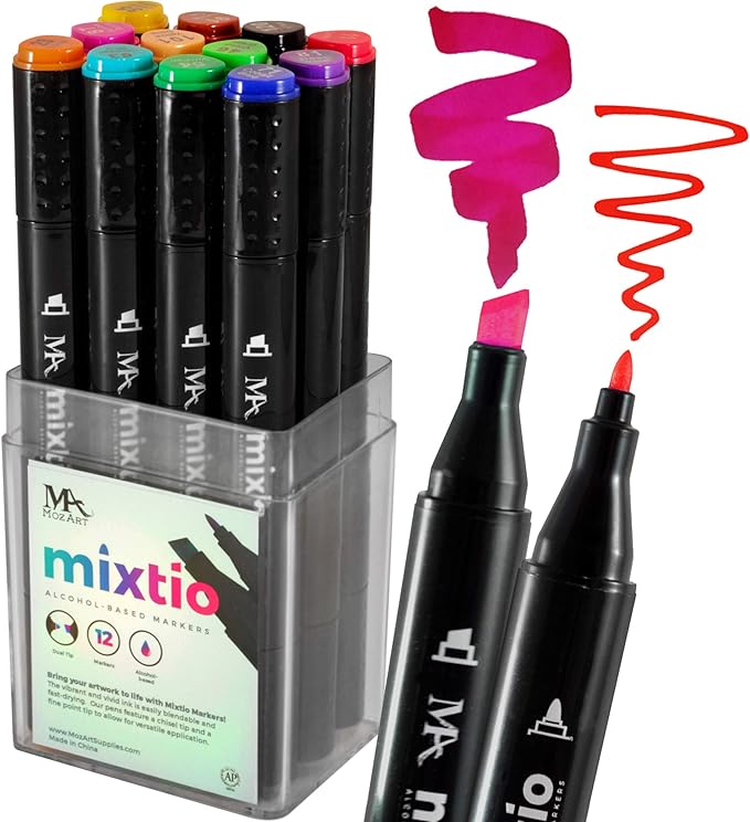 Mixtio Markers - 12 Colour Marker Set, Dual Tip Chiseled & Fine Point ...