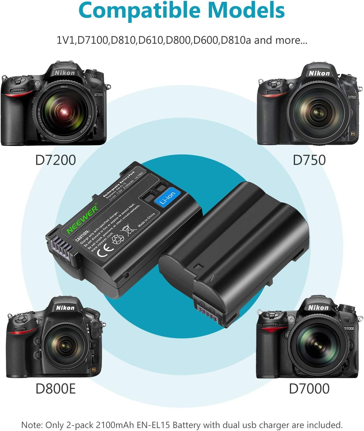 Neewer EN-EL15A Battery Charger Set for Nikon d850, d800, d750, d7500 ...