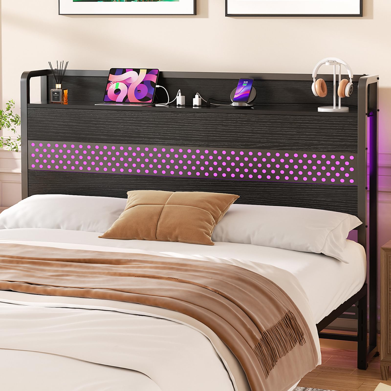 Aheaplus Headboard for Full Size Bed with USB Ports, Outlets and LED ...